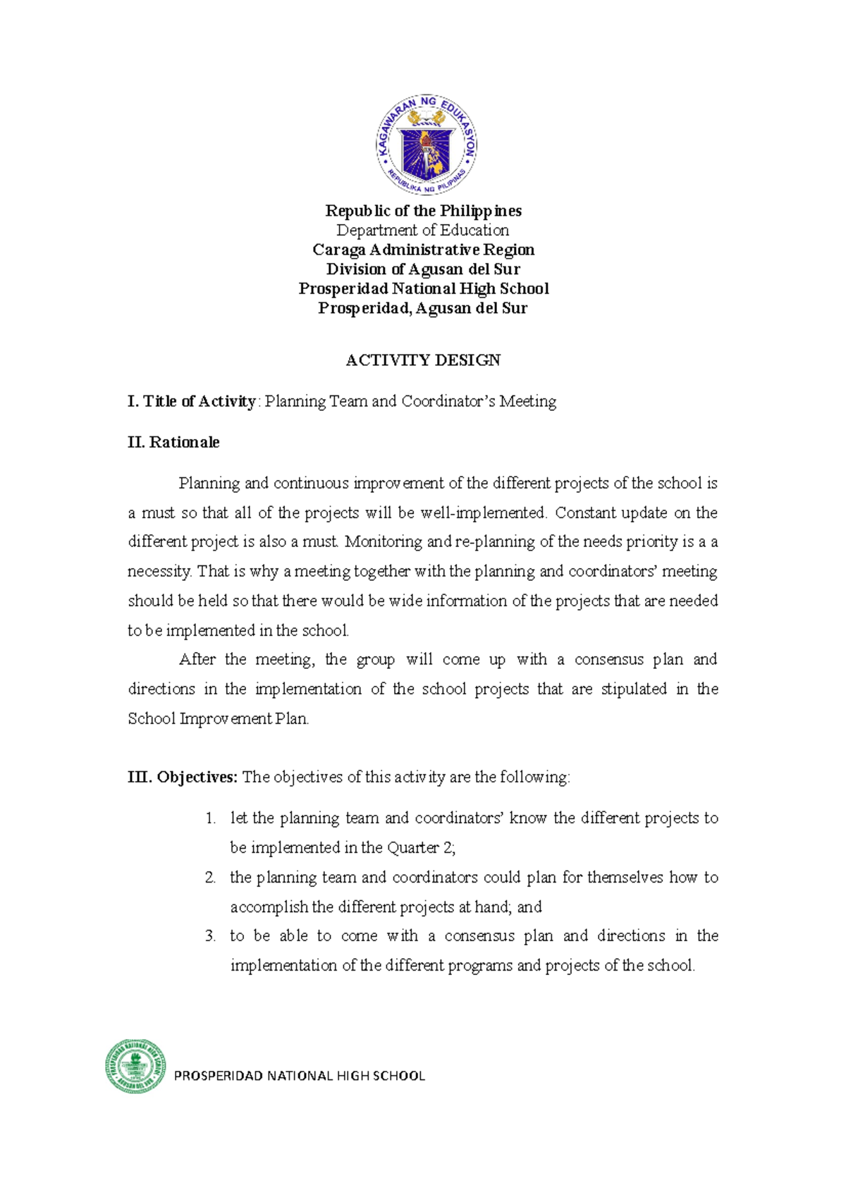 Activity- Design Coordinator's Meeting - Republic of the Philippines ...