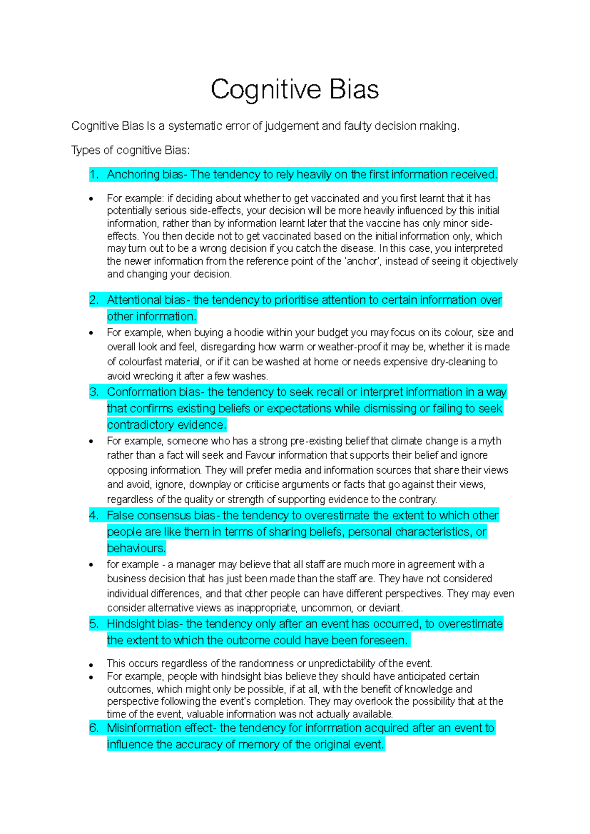 Cognitive Bias - Summary Jacaranda Psychology VCE Units 3 And 4 7E ...