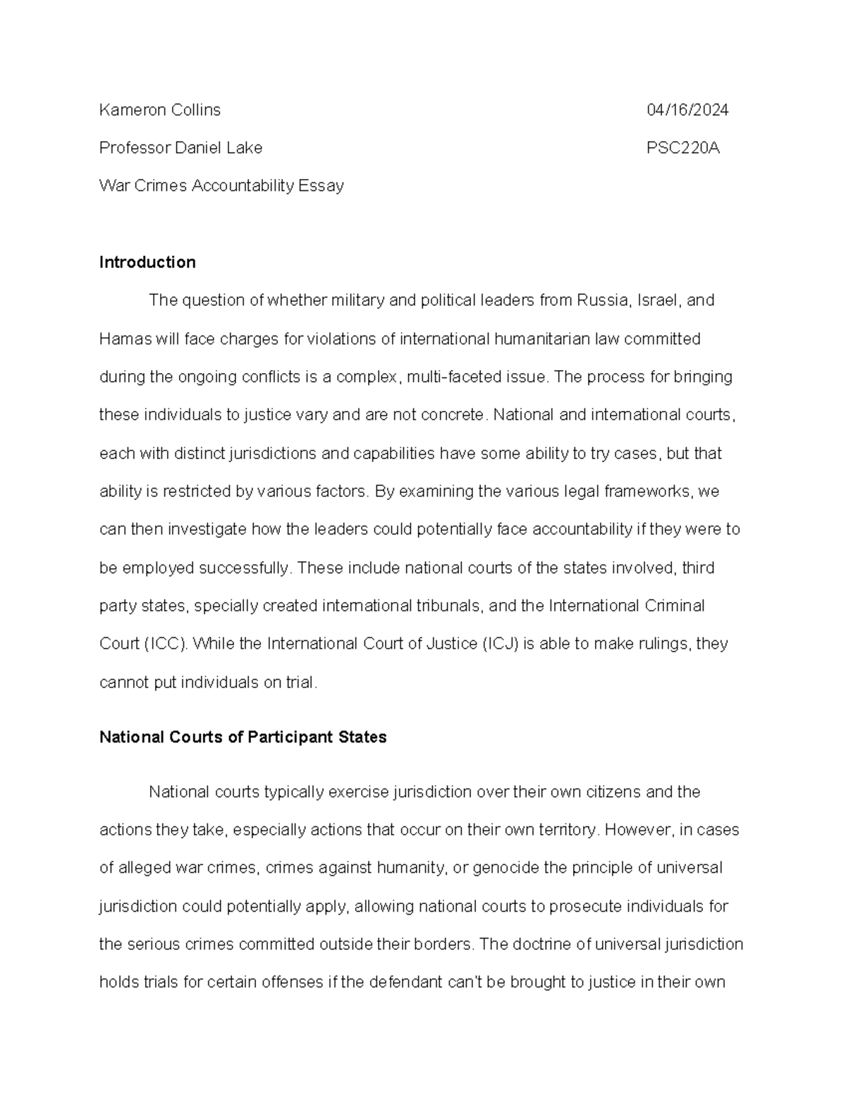 Essay PSC (1) - Kameron Collins 04/16/ Professor Daniel Lake PSC220A ...