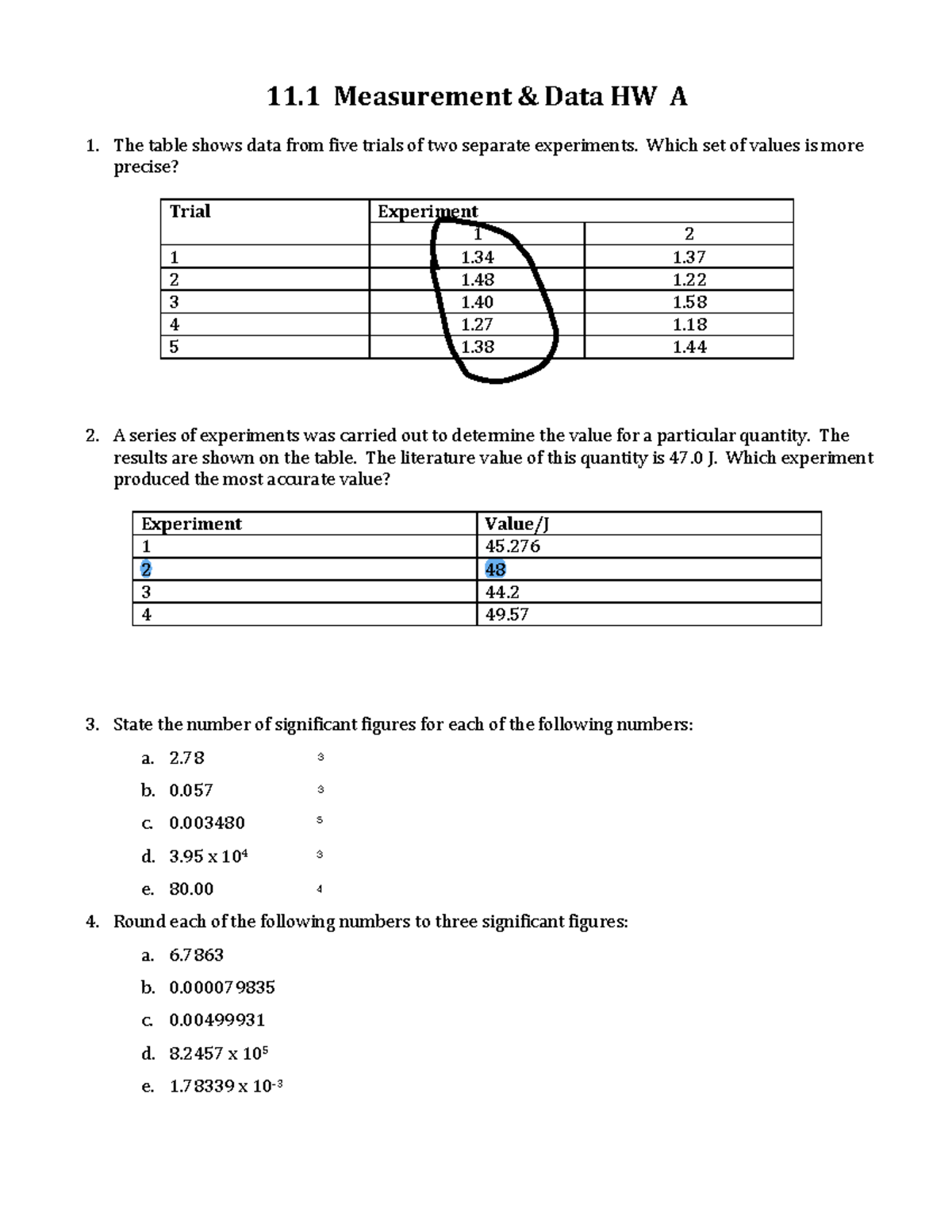 11.1 measurement HW A - 11 Measurement & Data HW A The table shows data ...