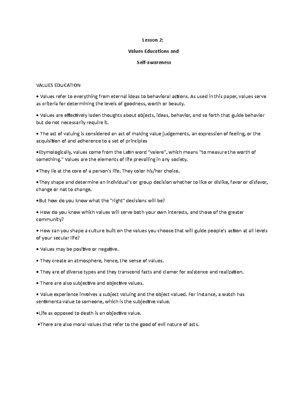 Lesson 2 Values Educationfile - Lesson 2: Values Educations and Self ...