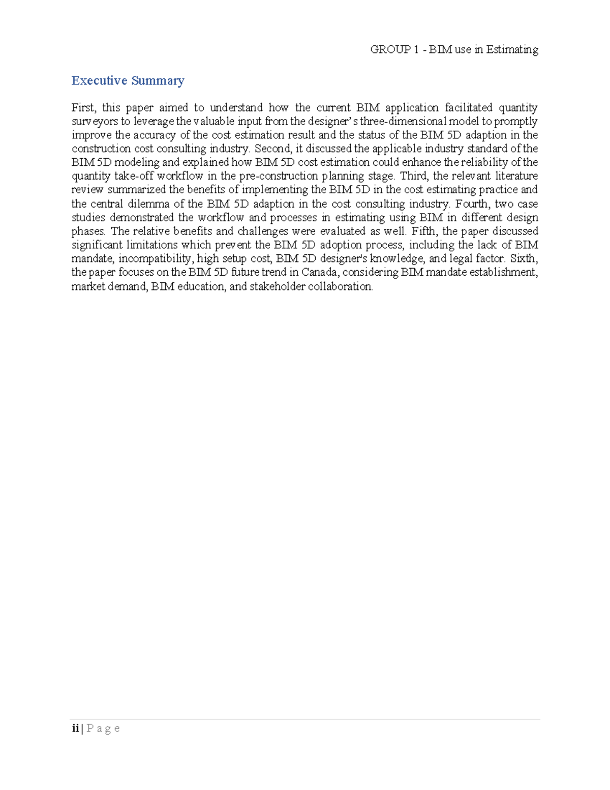 CIV1298H BIM-BIM Use In estimating Group Assignment - ii | P a g e ...