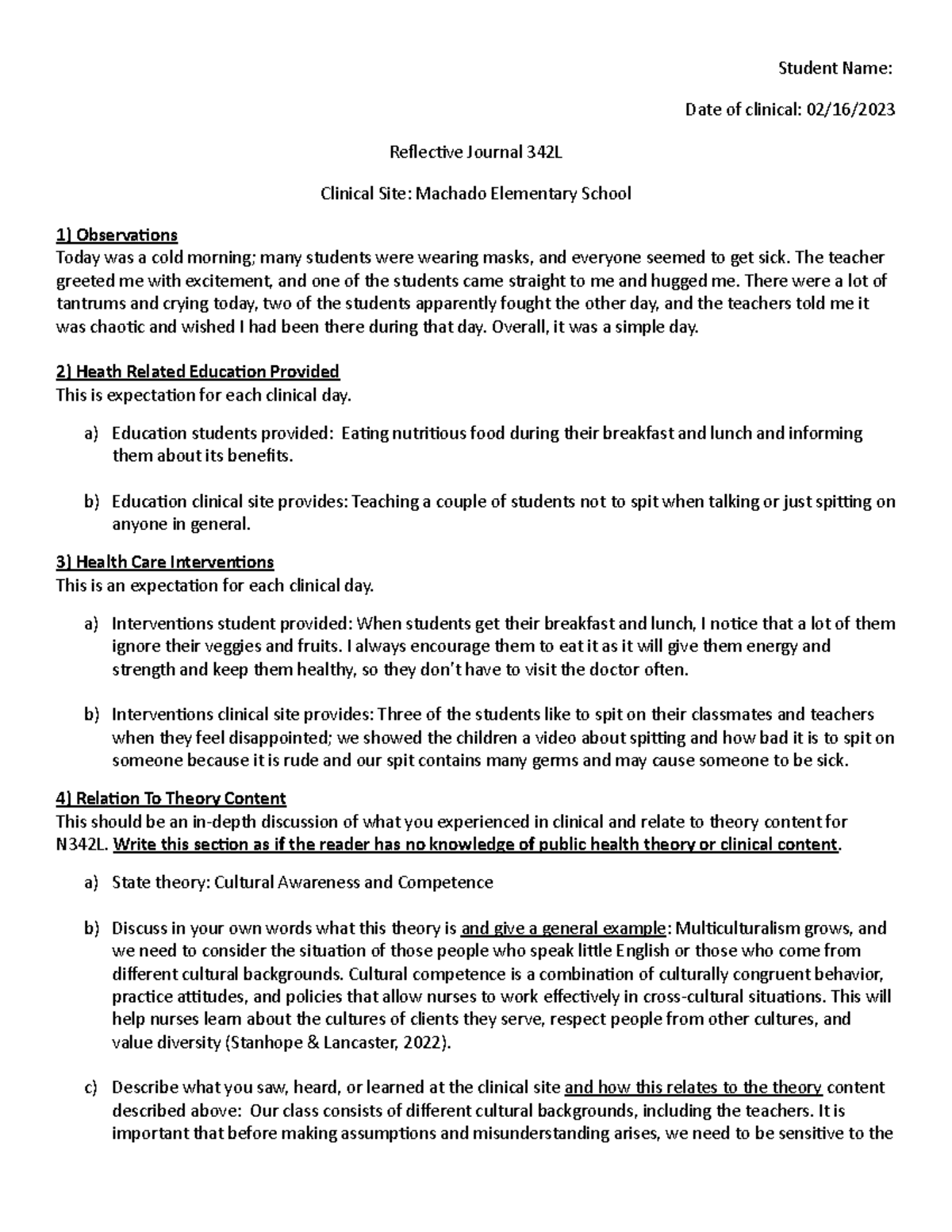 Reflection journal 4 - Student Name: Date of clinical: 02/16 ...