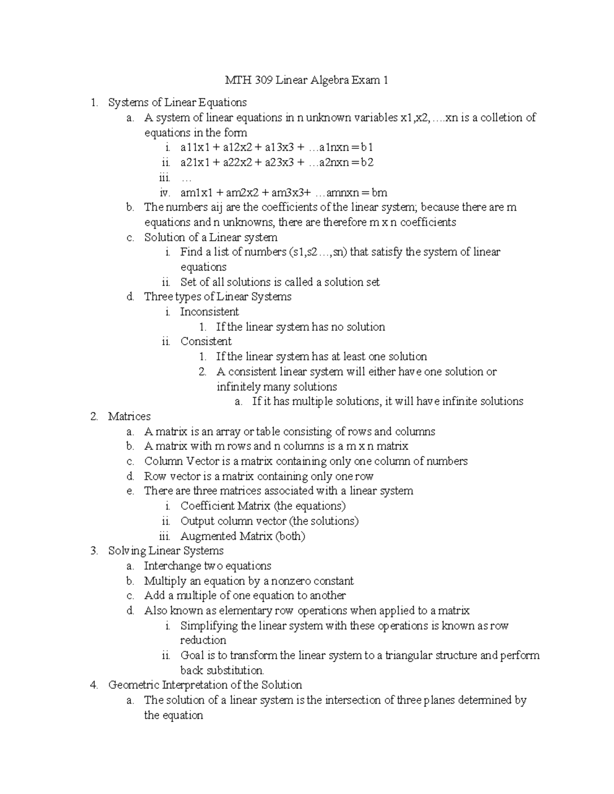 MTH 309 Linear Algebra Exam 1 Review - MTH 309 Linear Algebra Exam 1 ...