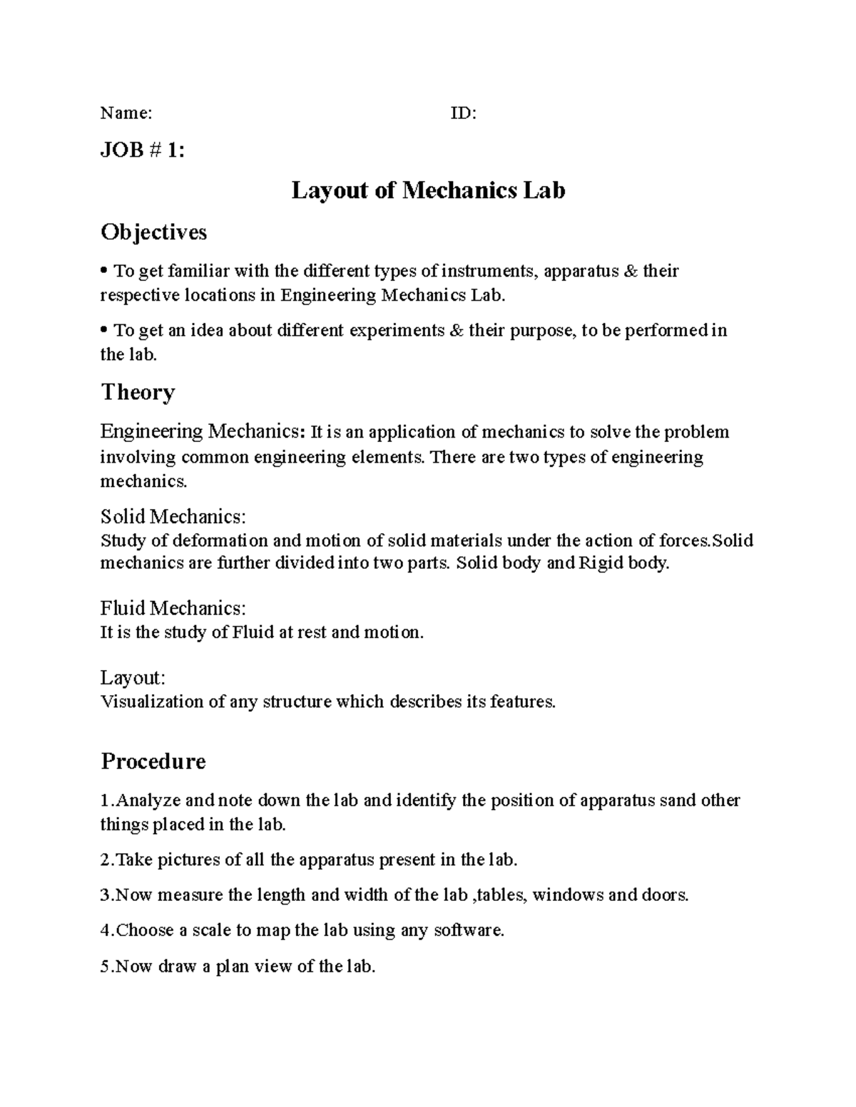 Lab manual 1 mechanics - lab 1 - Name: ID: JOB # 1: Layout of Mechanics ...