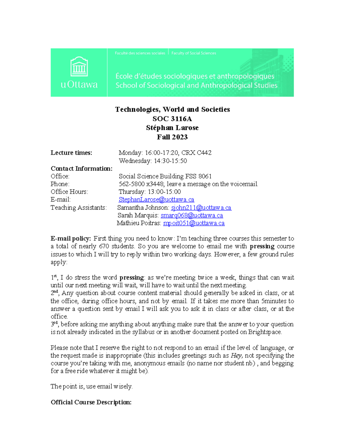 Syllabus 3116A - Technologies, World and Societies SOC 3116A Stéphan ...