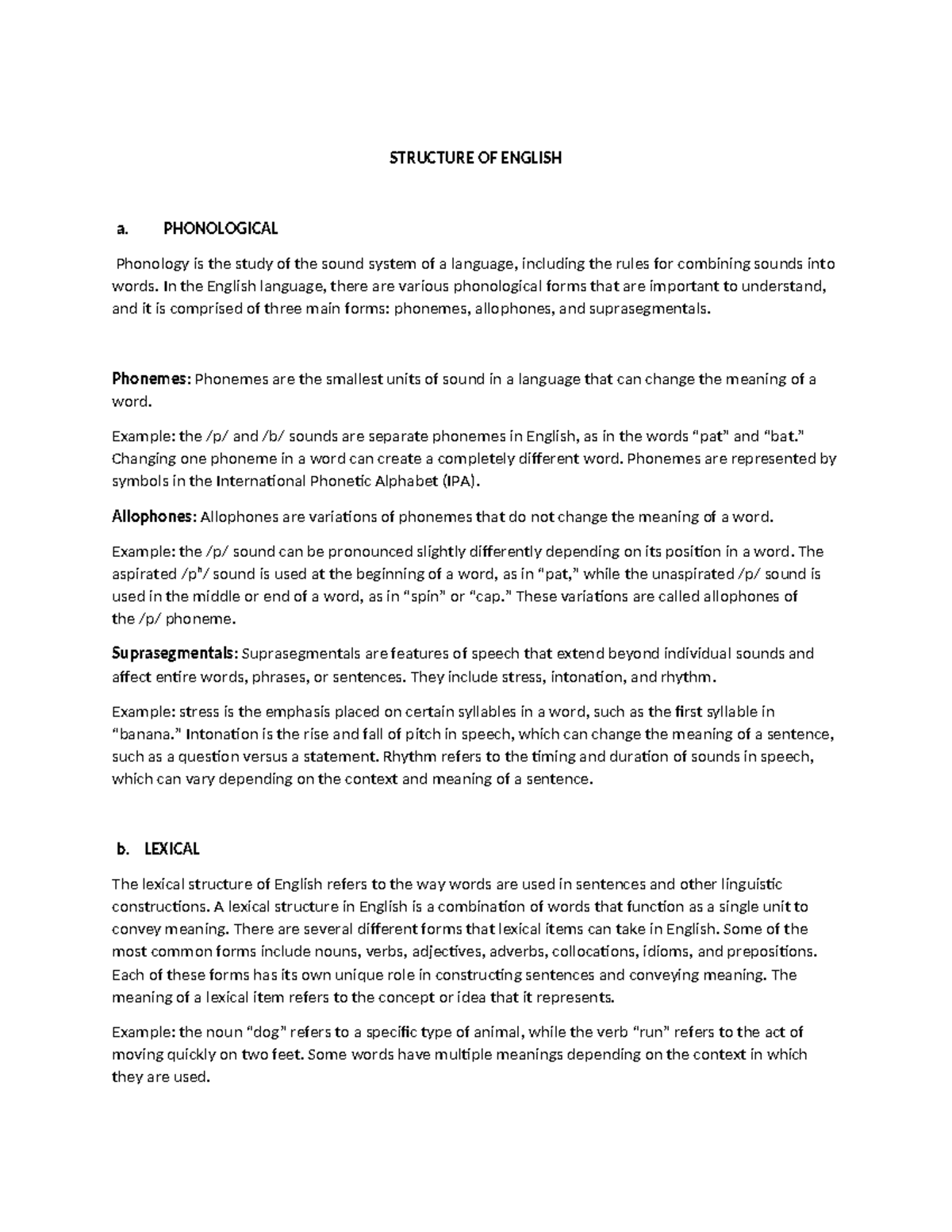 Structure of English Study Guide - STRUCTURE OF ENGLISH a. PHONOLOGICAL ...