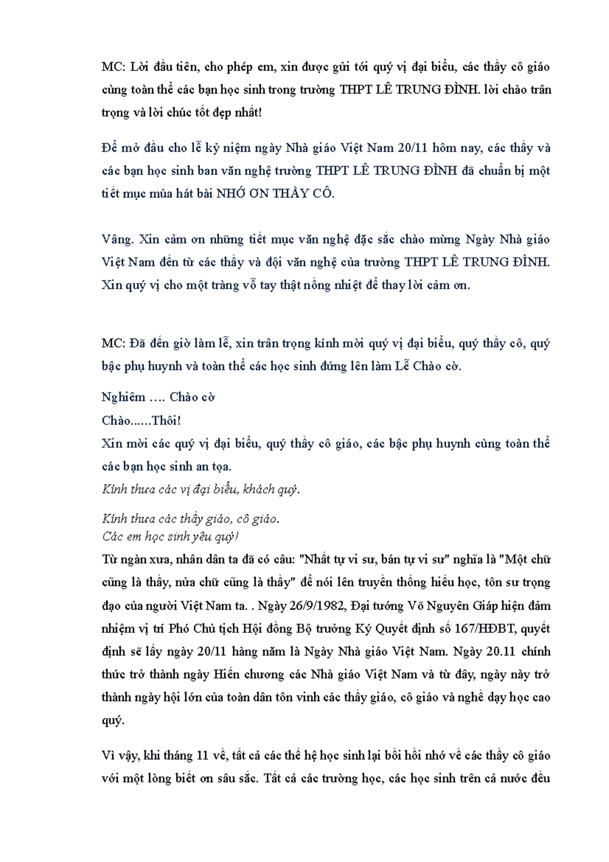 MC 20 11 - mc 20/11 - MC: Lời đầu tiên, cho phép em, xin được gửi tới quý vị đại biểu, các thầy ...