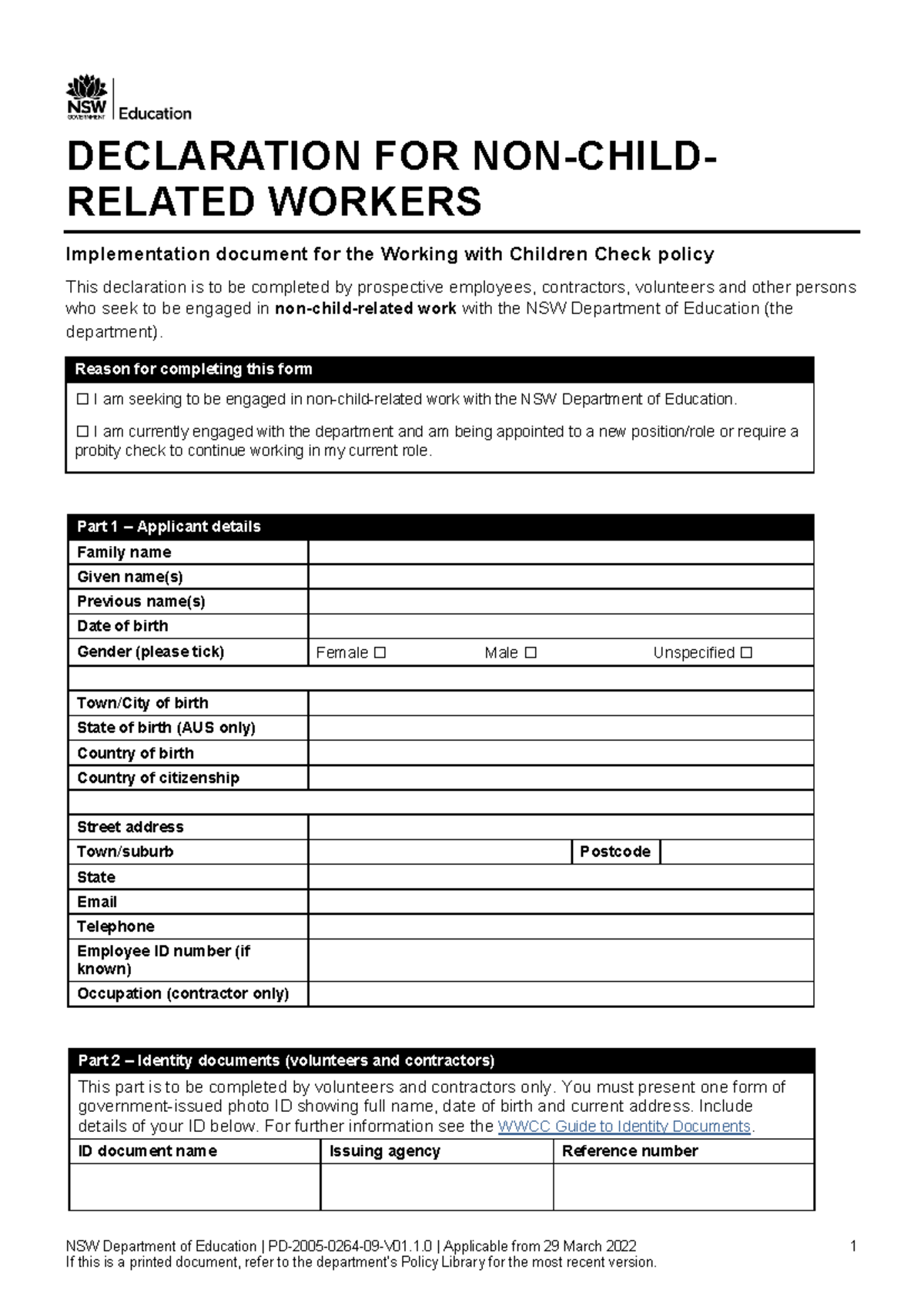 Declaration for Non Child Related Workers - NSW Department of Education ...