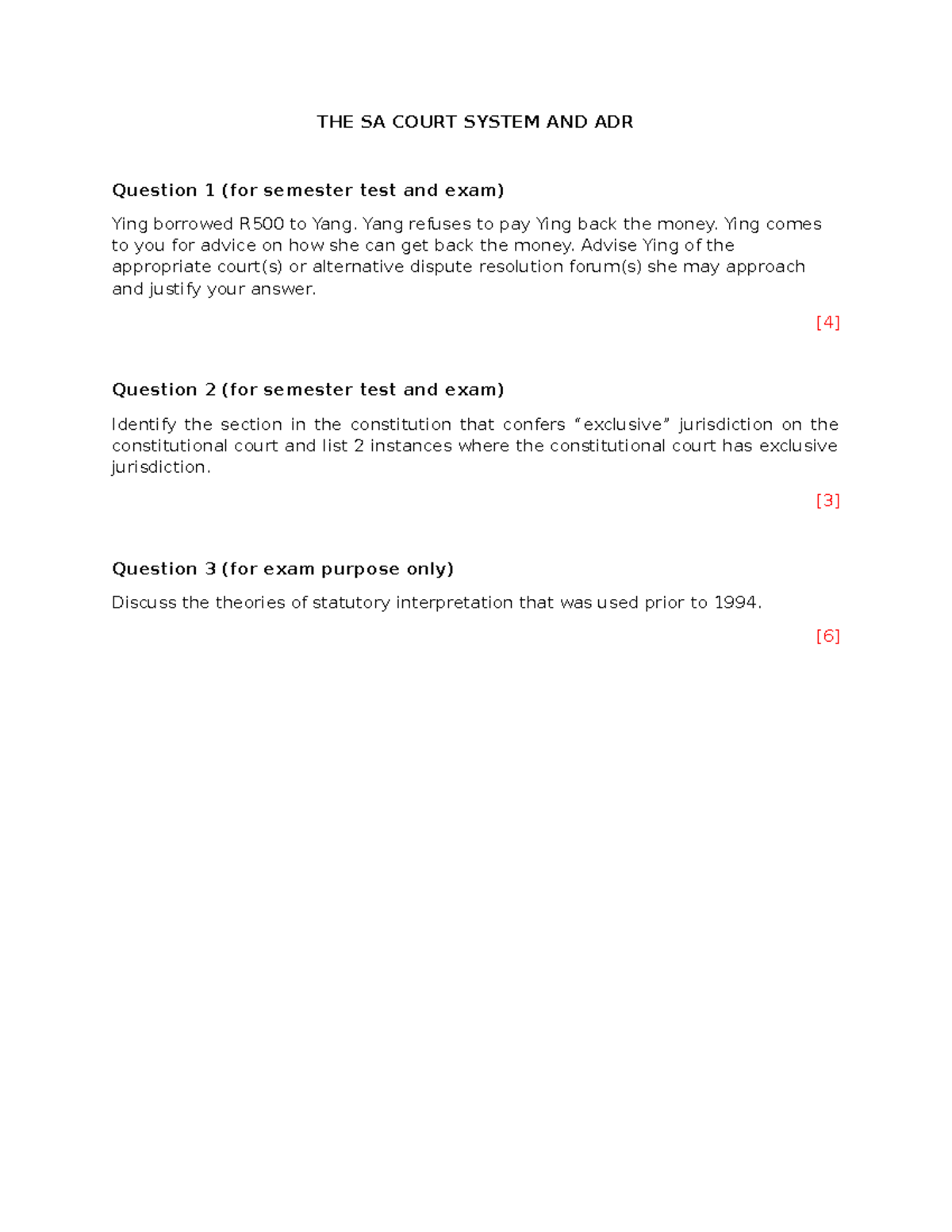 Class test questions - N,M - THE SA COURT SYSTEM AND ADR Question 1 ...