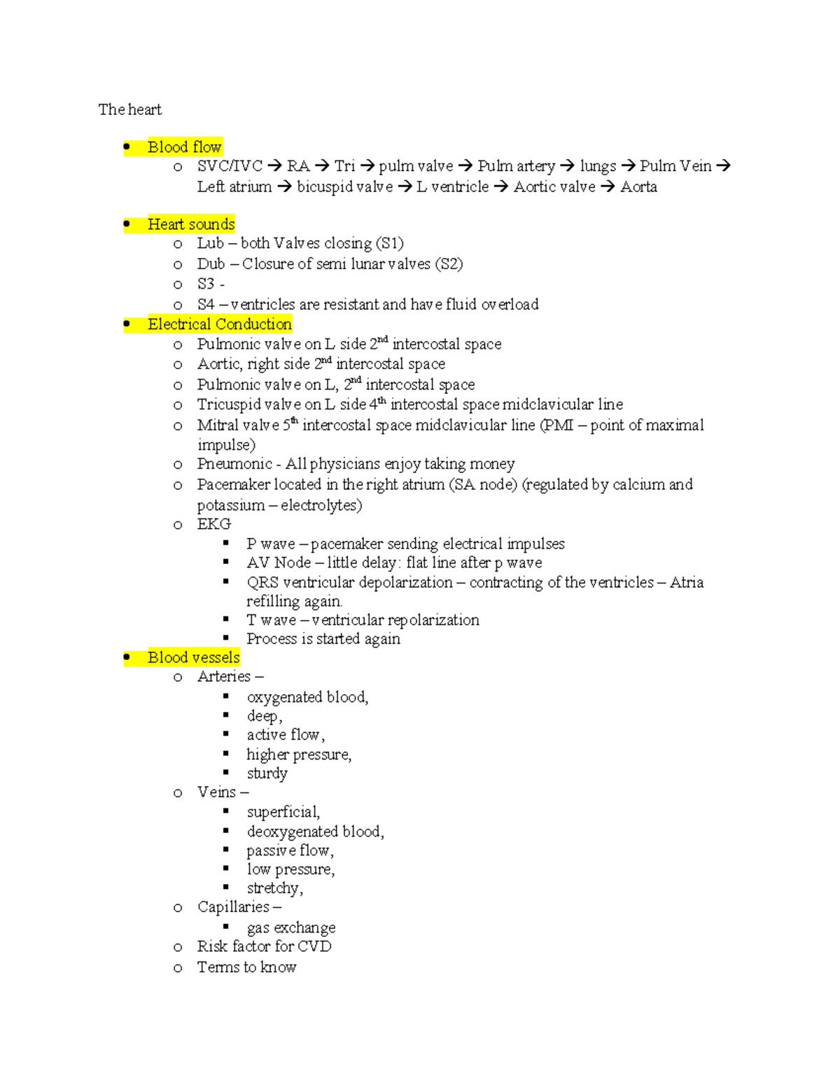 Cardio notes HAII - The heart Blood flow o SVC/IVC RA Tri pulm valve ...
