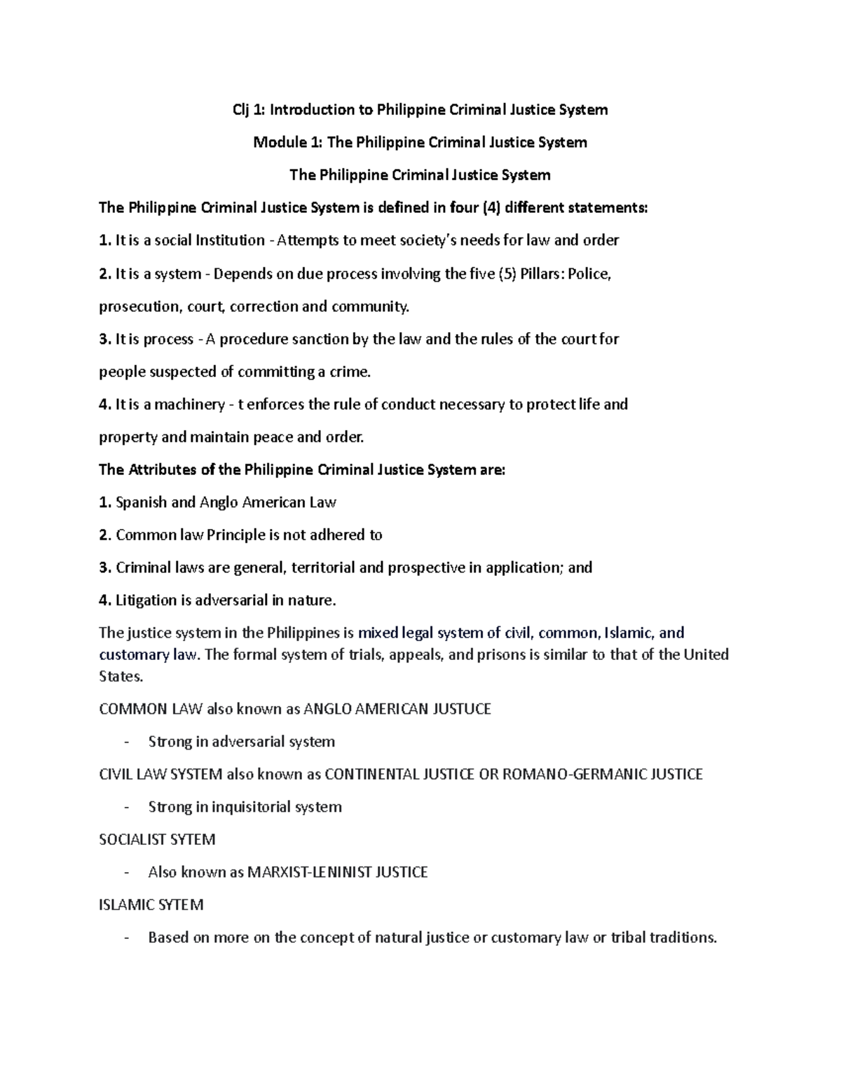 CLJ 1 Module 1 - none - Clj 1: Introduction to Philippine Criminal Justice System Module 1: The ...