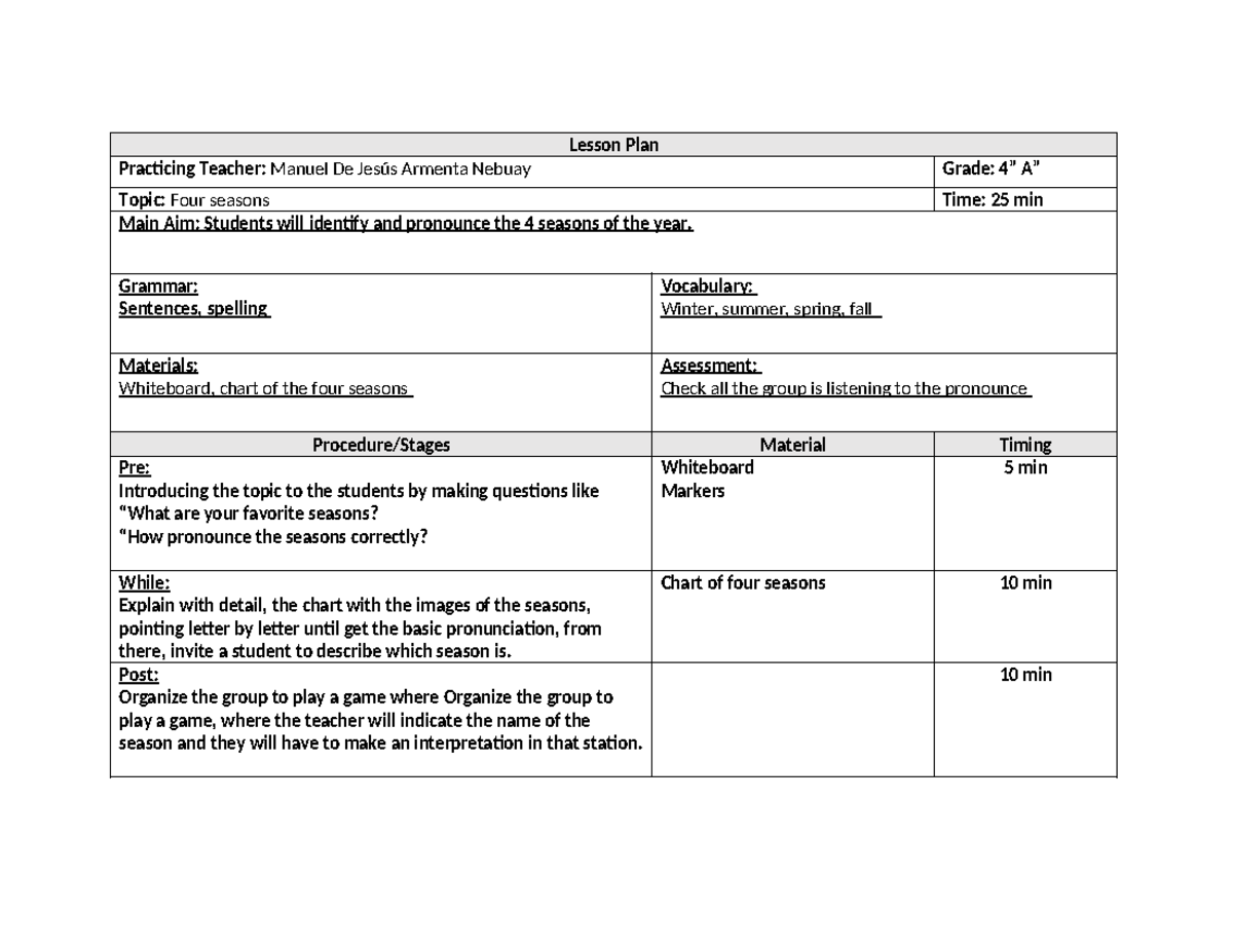 Lesson Plan (Four seasons) Manuel Armenta - Lesson Plan Practicing ...