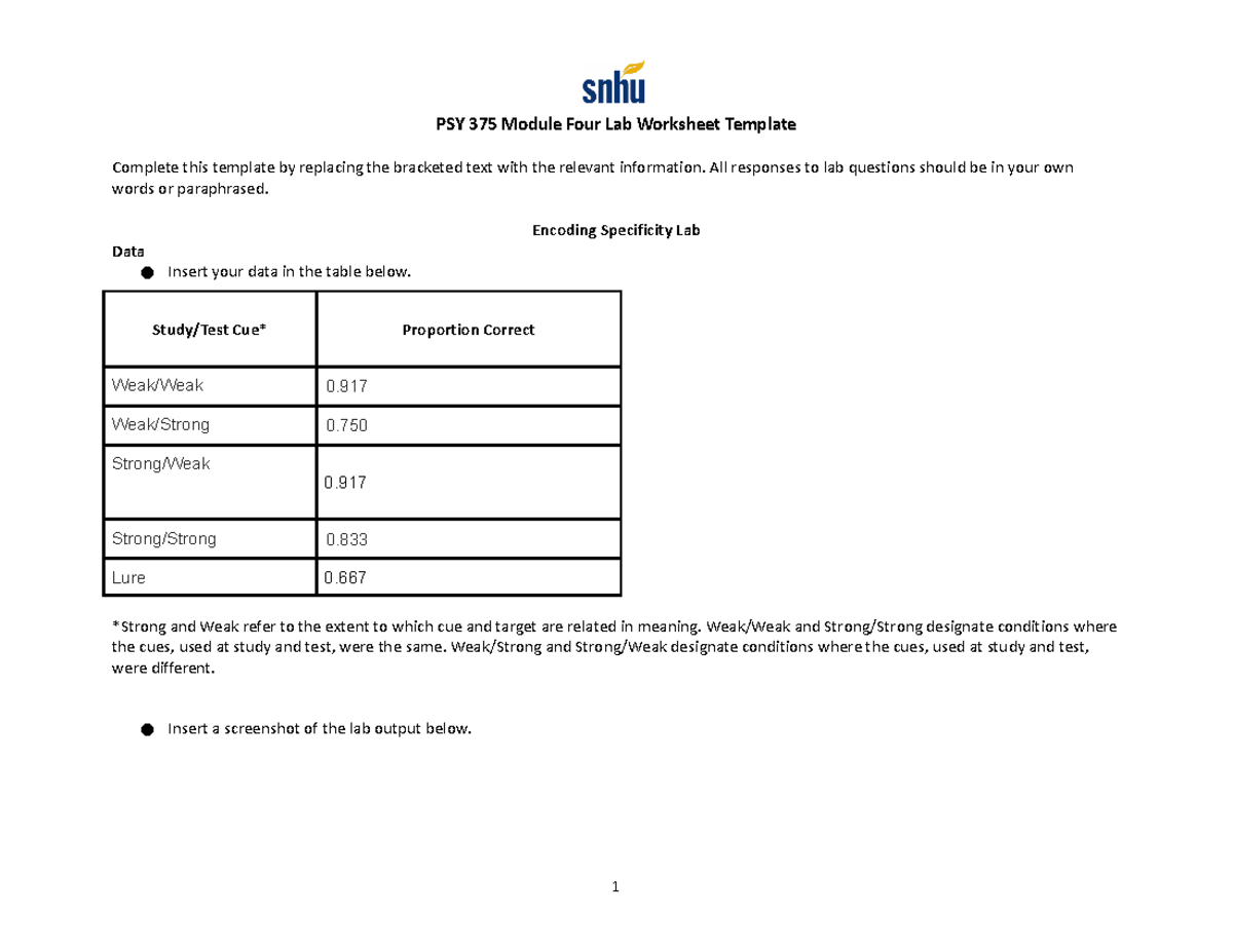 PSY 375 Module Four Lab Worksheet Template - PSY 375 Module Four Lab ...