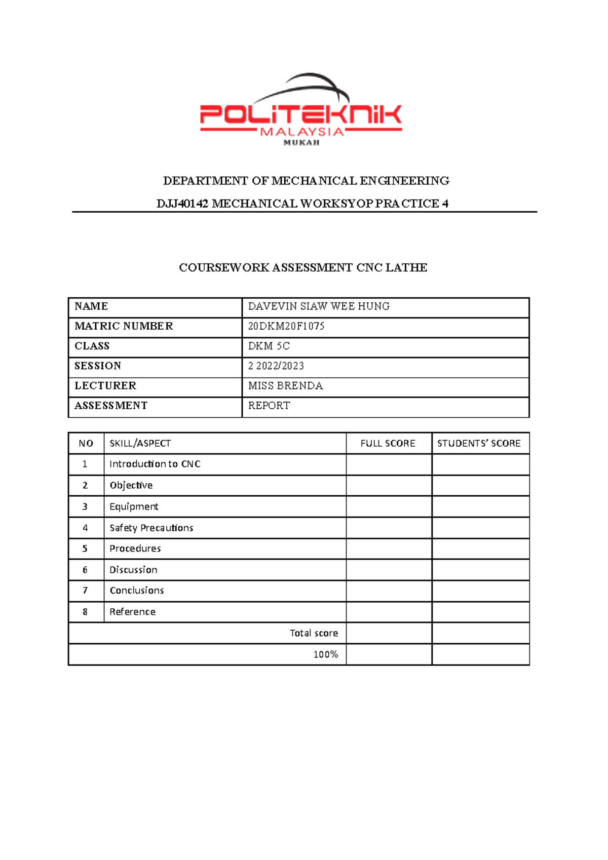 CNC Lathe Report BOY - Testing² semoga berjaya - DEPARTMENT OF ...