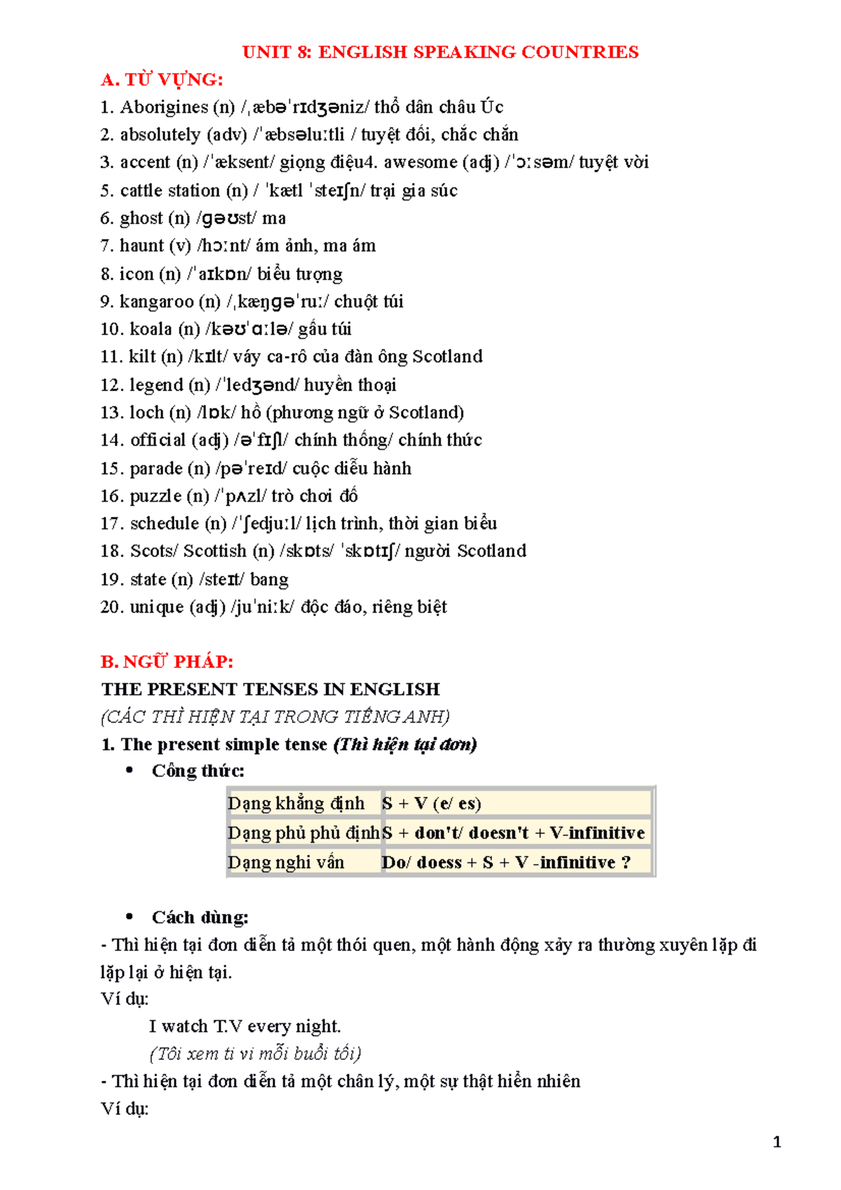 Bài tập Anh 8 theo unit E8 UNIT 8 - UNIT 8: ENGLISH SPEAKING COUNTRIES A. TỪ VỰNG: Aborigines (n ...