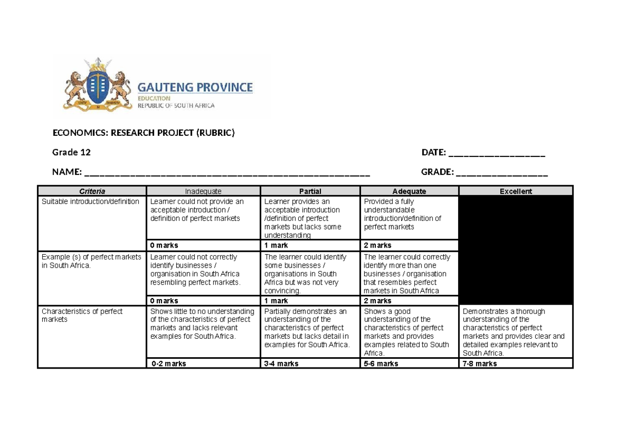 2024 Grade 12 Economics 2024 Project Rubric Final - ECONOMICS: RESEARCH PROJECT (RUBRIC) Grade ...