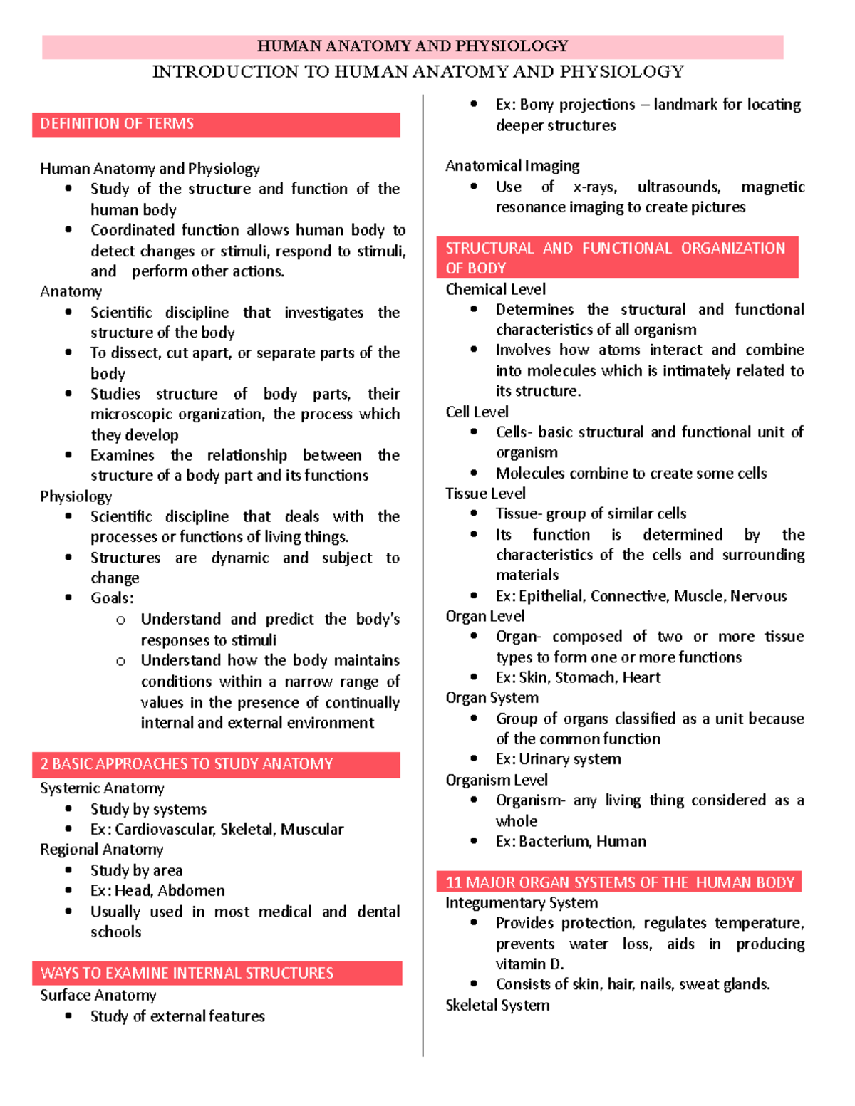 Introduction To Human Anatomy And Physiology DEFINITION OF TERMS