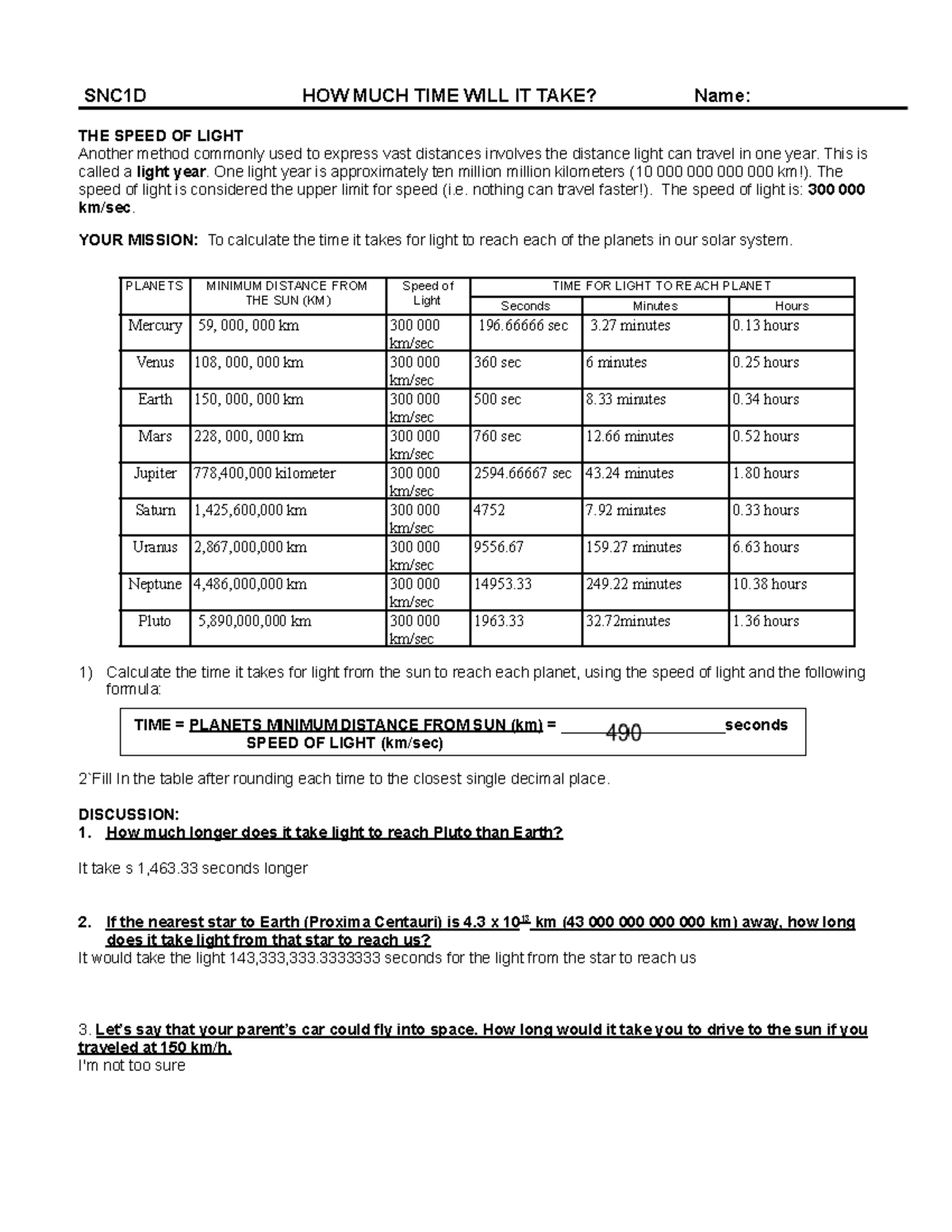Copy of Copy of Day 1 SNC1D Travelling at the Speed of Light - SNC1D ...