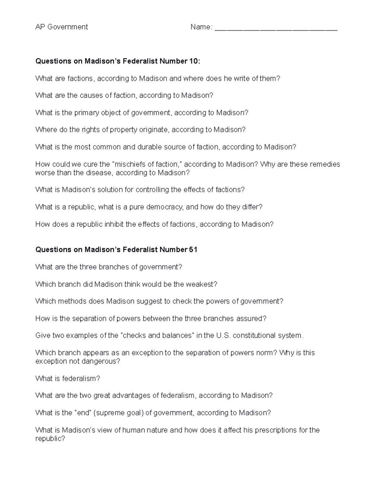 Questions on Federalist 10 and 51 - AP Government Name ...