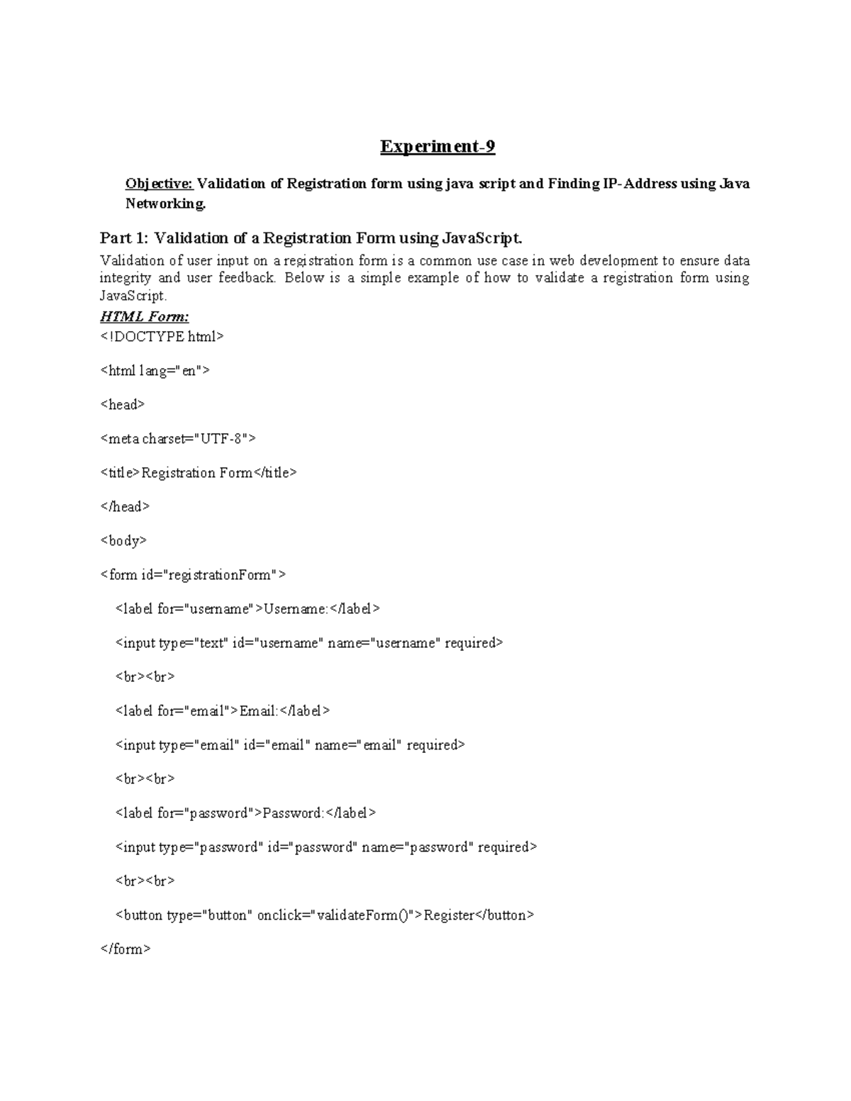 Experiment 9 - Experiment- Objective: Validation of Registration form using java script and ...