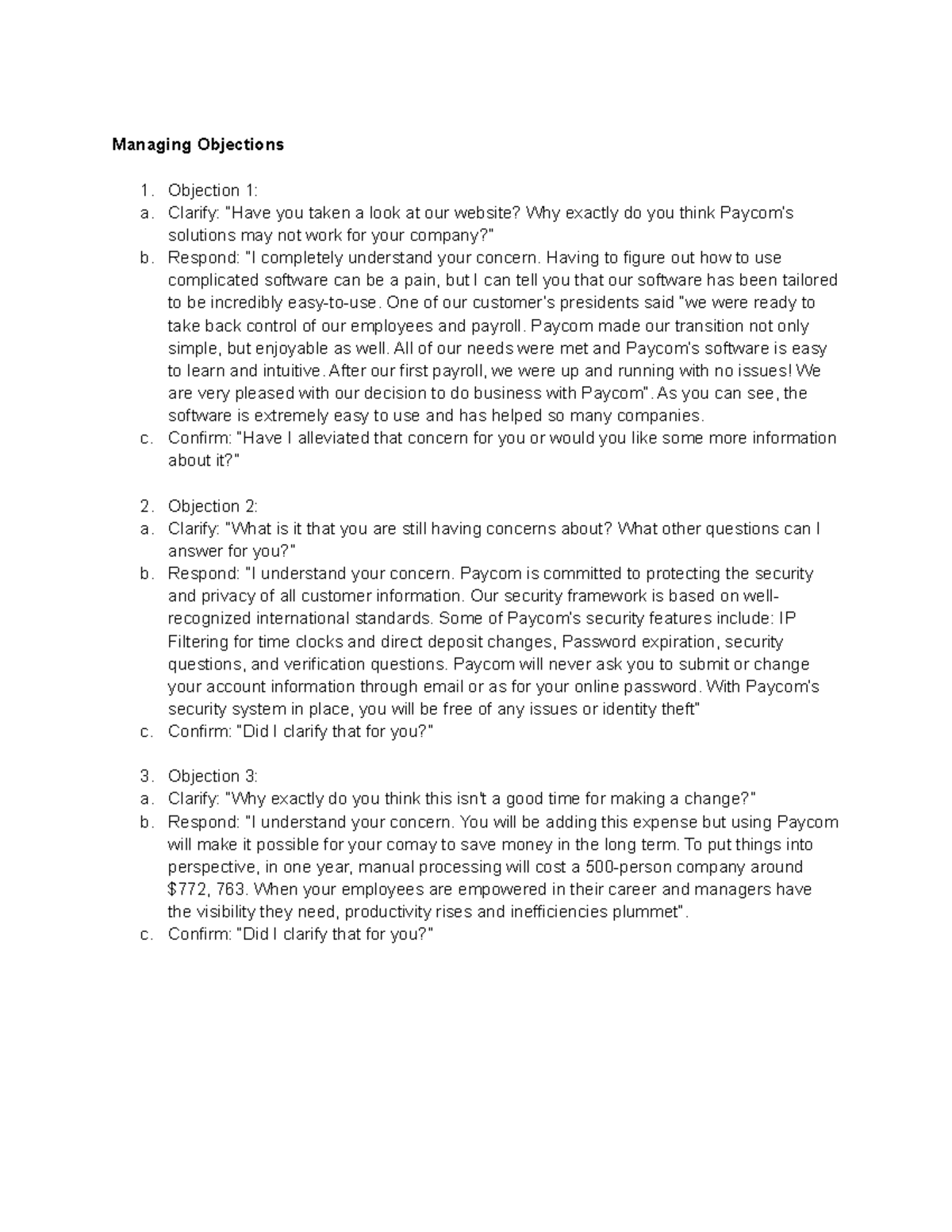 Managing Objections - Managing Objections Objection 1: a. Clarify ...