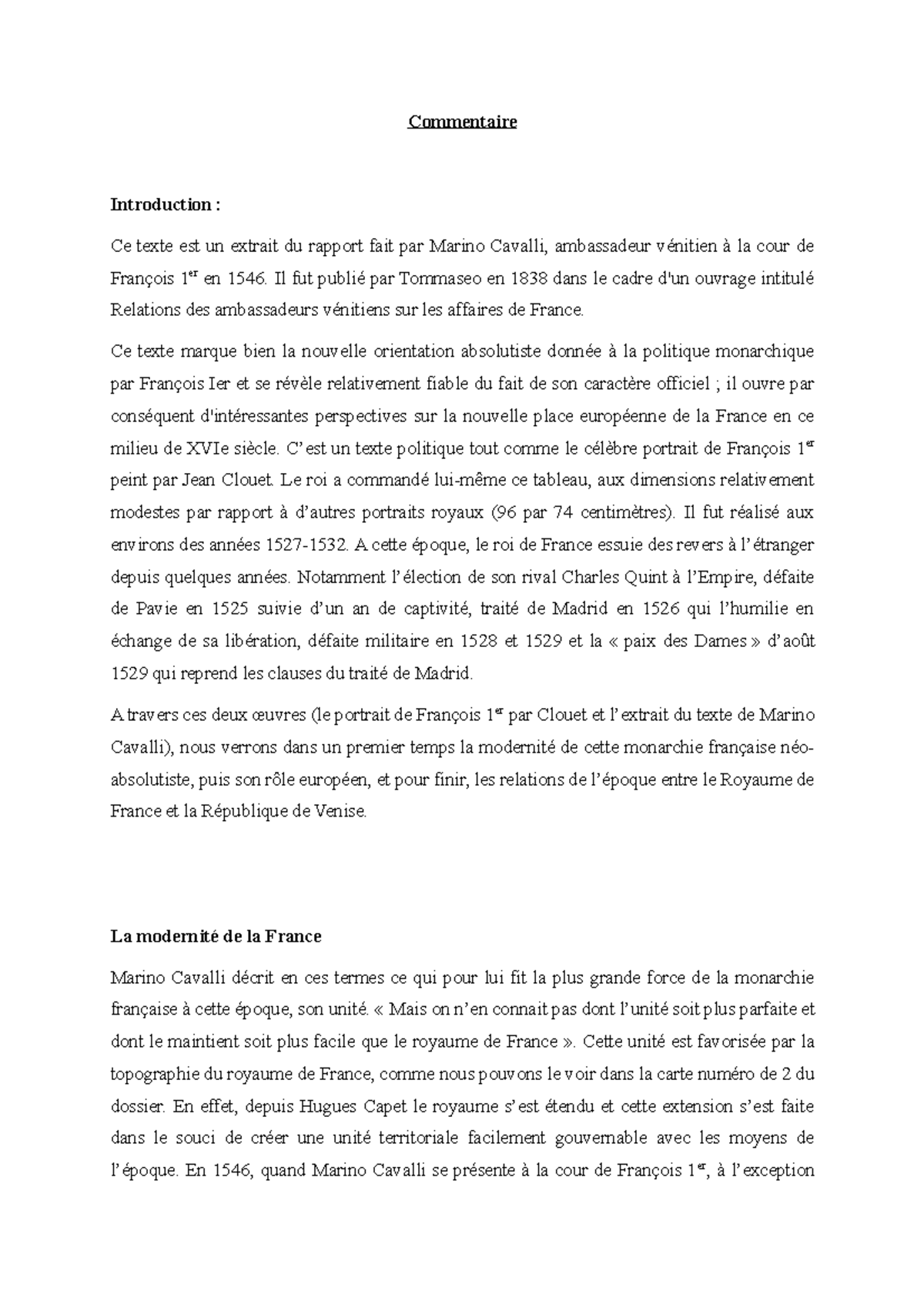 Commentaire Texte François 1er - Commentaire Introduction : Ce texte ...