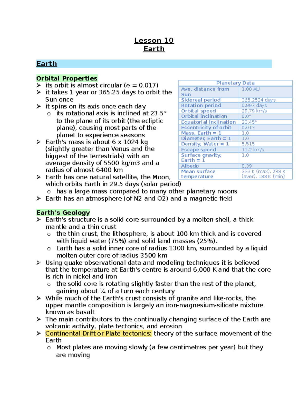 Lesson 10 - earth - Lesson 10 Earth Earth Orbital Properties its orbit ...