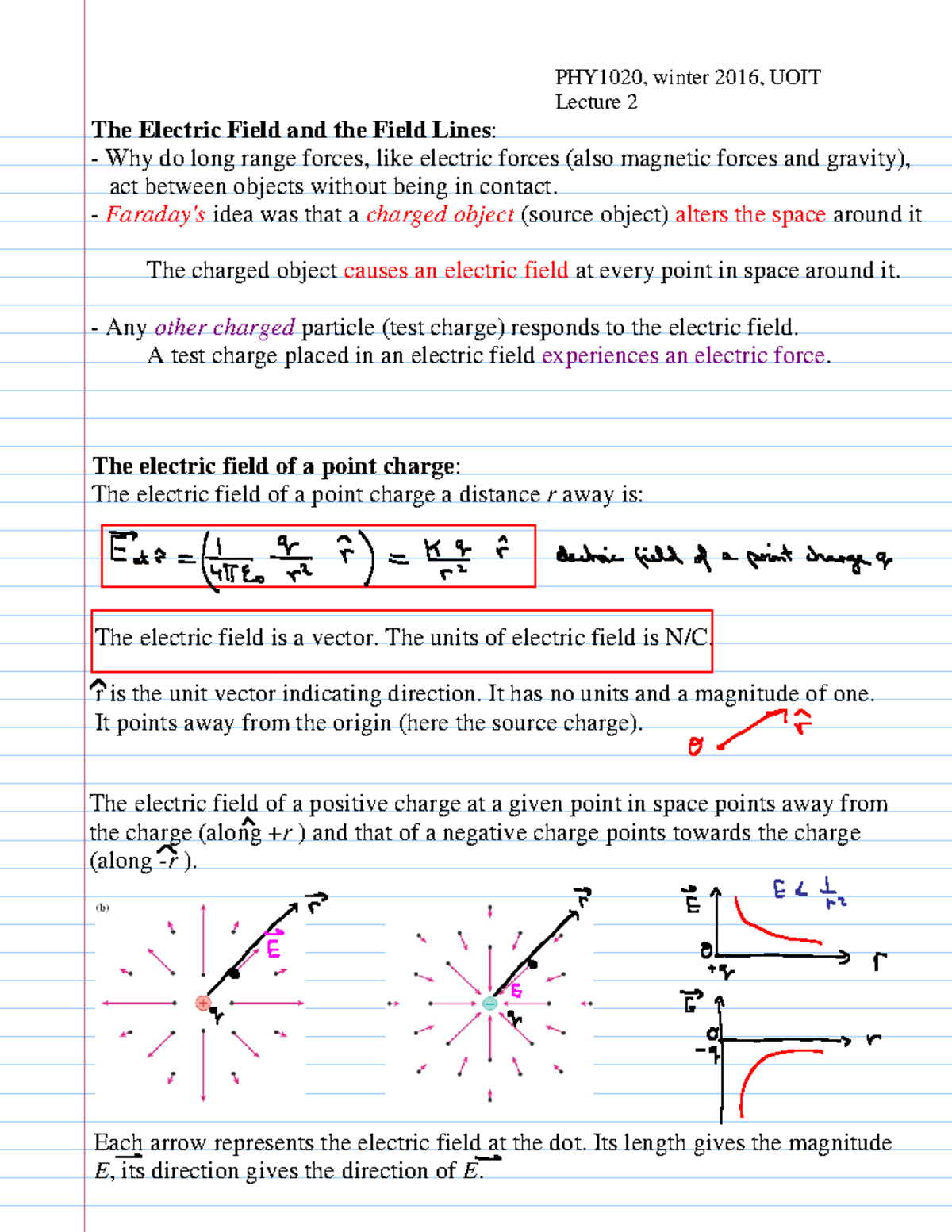 L2 - PHY1020U - Winter 2016 - The Electric Field and the Field Lines ...