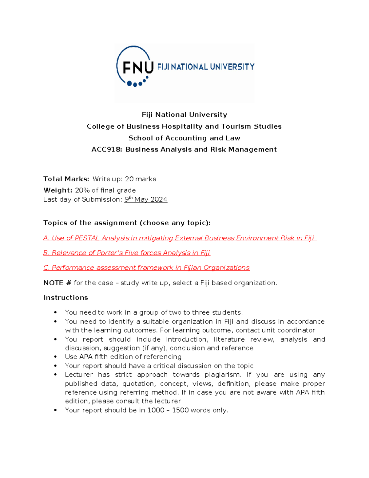Major assignment - Fiji National University College of Business ...