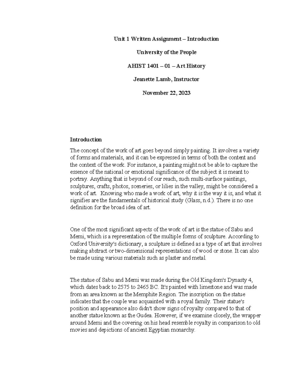 Unit 1 W.A Art History - Work of the week - Unit 1 Written Assignment ...