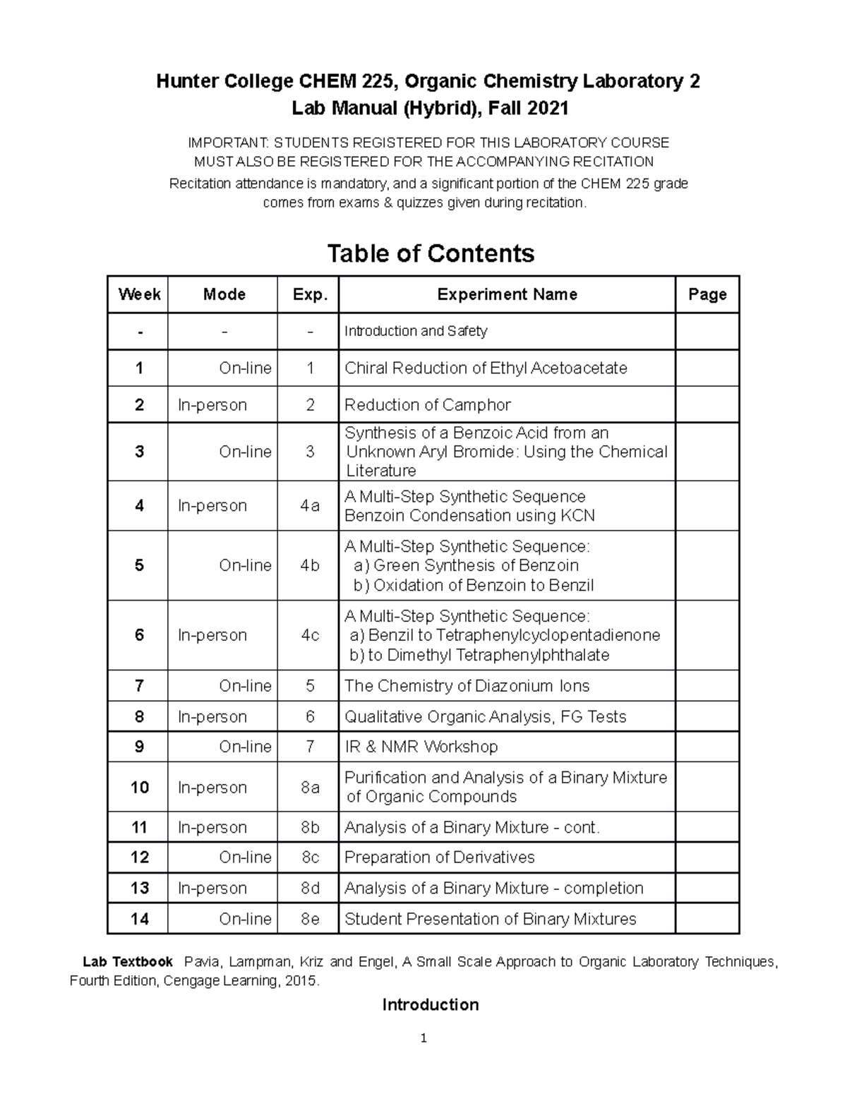 CHEM 225 Manual F21 Hybrid - Hunter College CHEM 225, Organic Chemistry ...