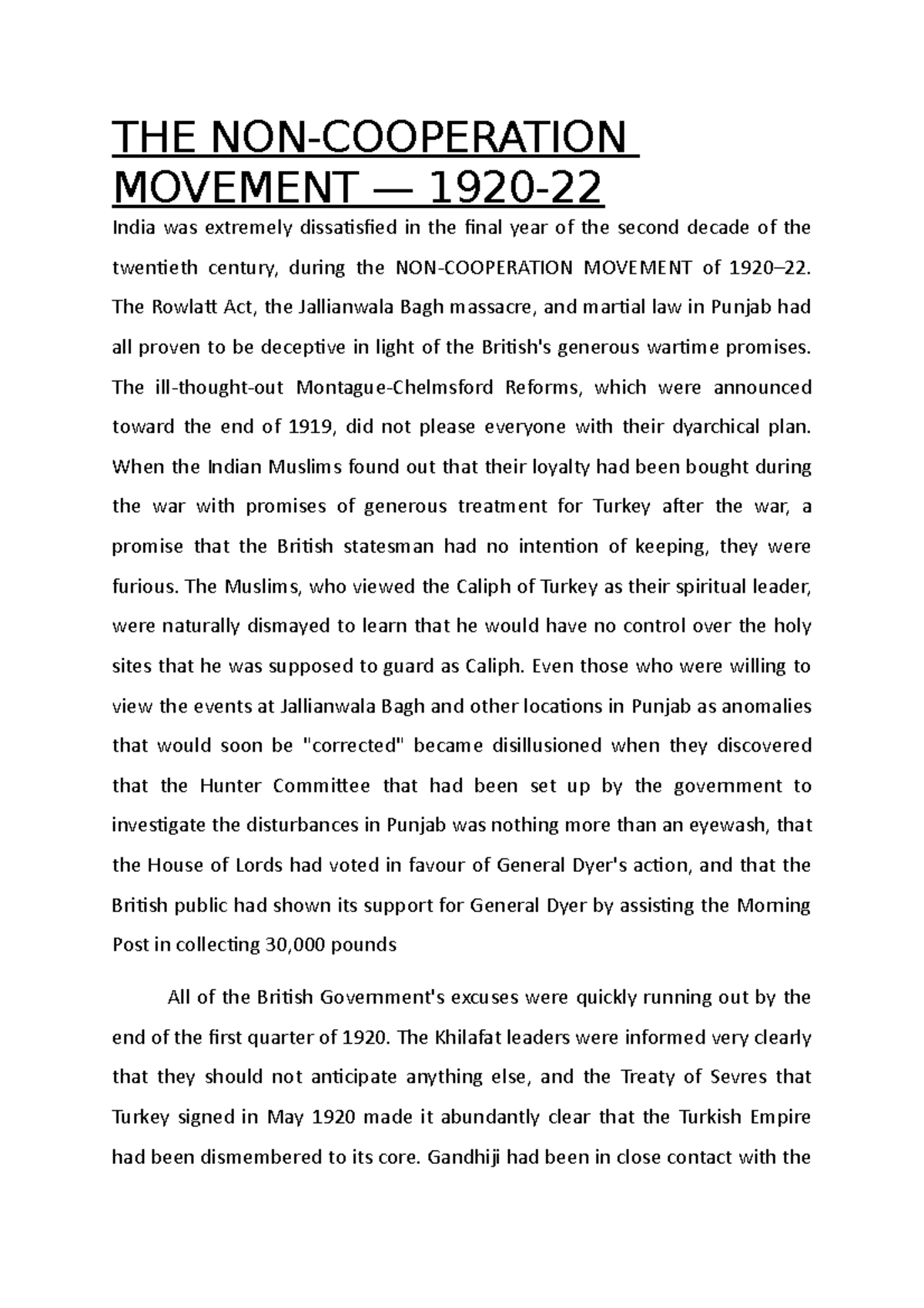 THE NON- Cooperation Movement — 1920-22 - THE NON-COOPERATION MOVEMENT ...