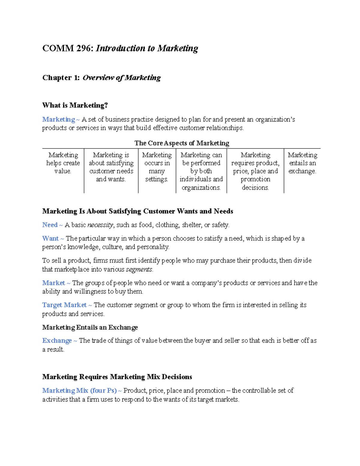 COMM 296 Midterm Exam Notes - COMM 296: Introduction to Marketing ...
