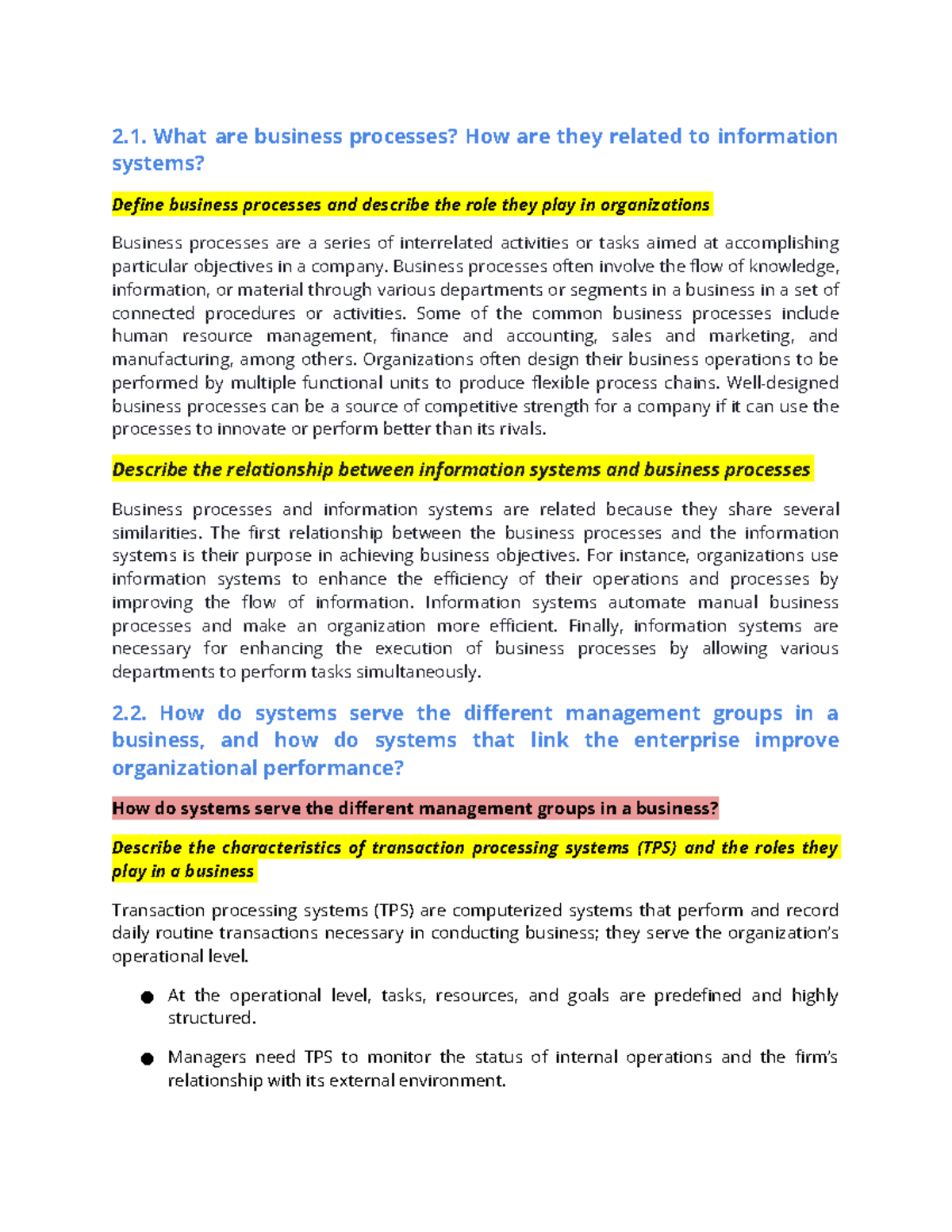 Chap 2 - Done - for mid - 2. What are business processes? How are they ...