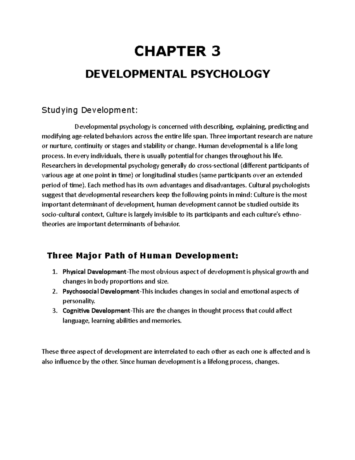 Psychology Report - CHAPTER 3 DEVELOPMENTAL PSYCHOLOGY Studying ...
