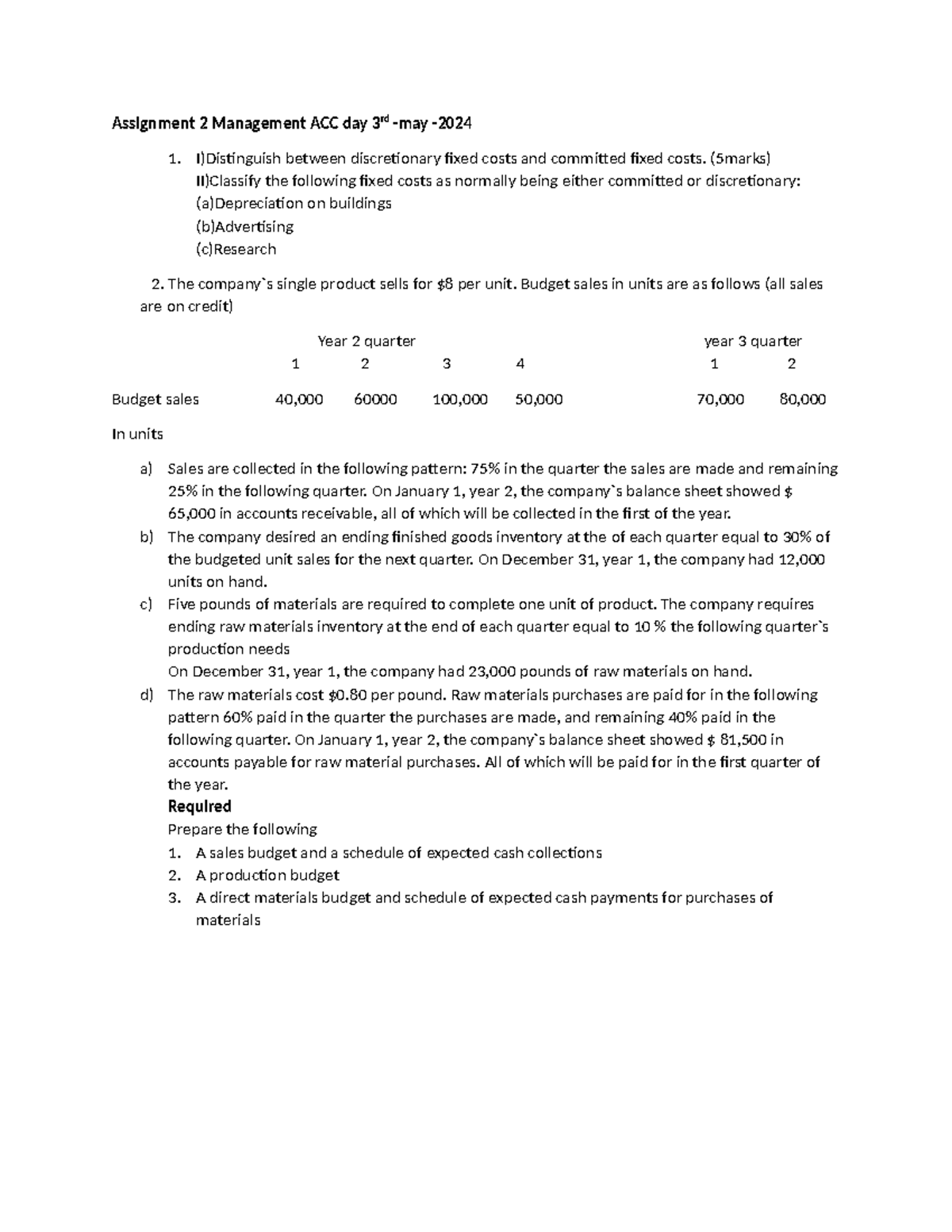 Assignment 2 Management ACC day 3rd may 2024 - Assignment 2 Management ACC day 3rd -may - 1 ...