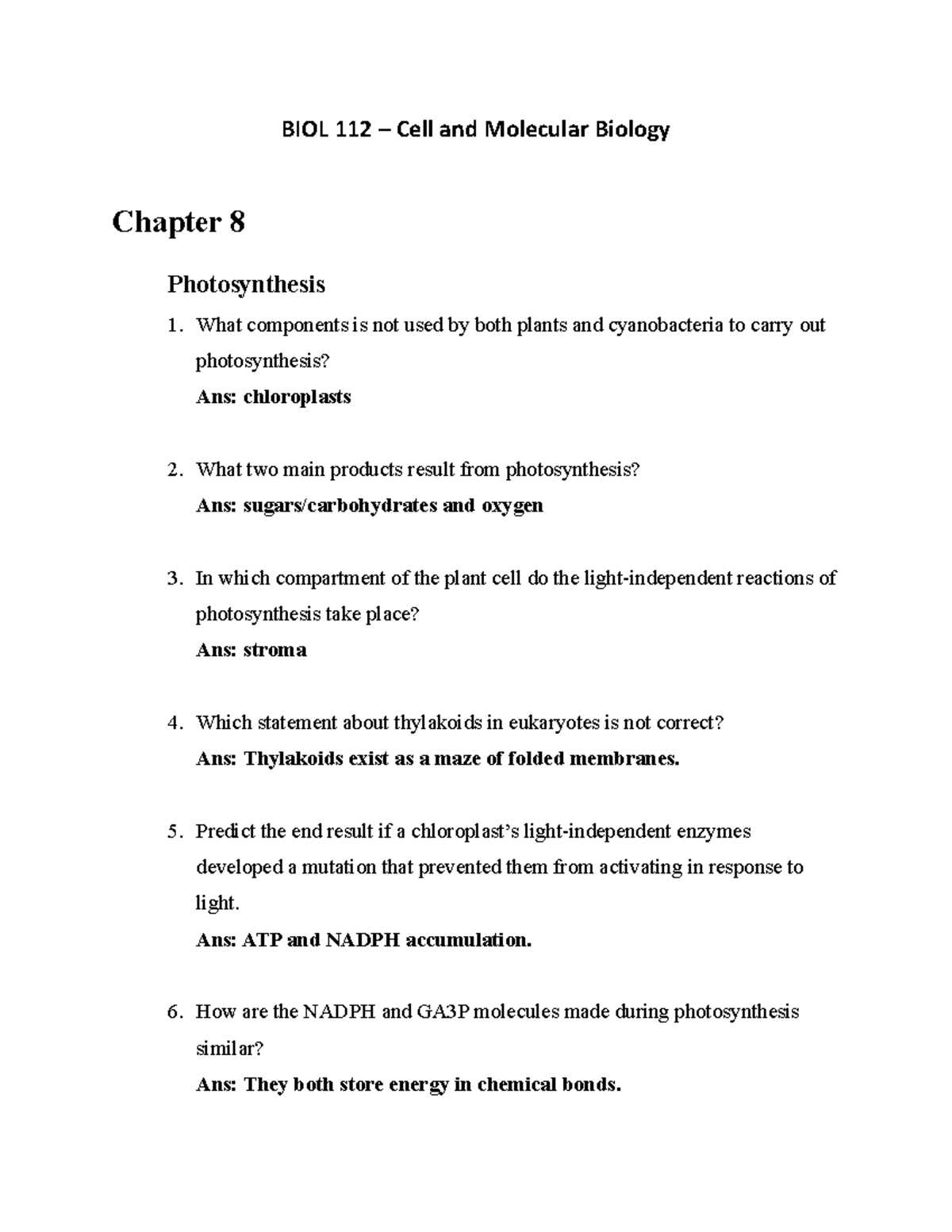 BIOL 112 Chapter 8 - Cell And Molecular Biology - BIOL 112 – Cell and Molecular Biology Chapter ...