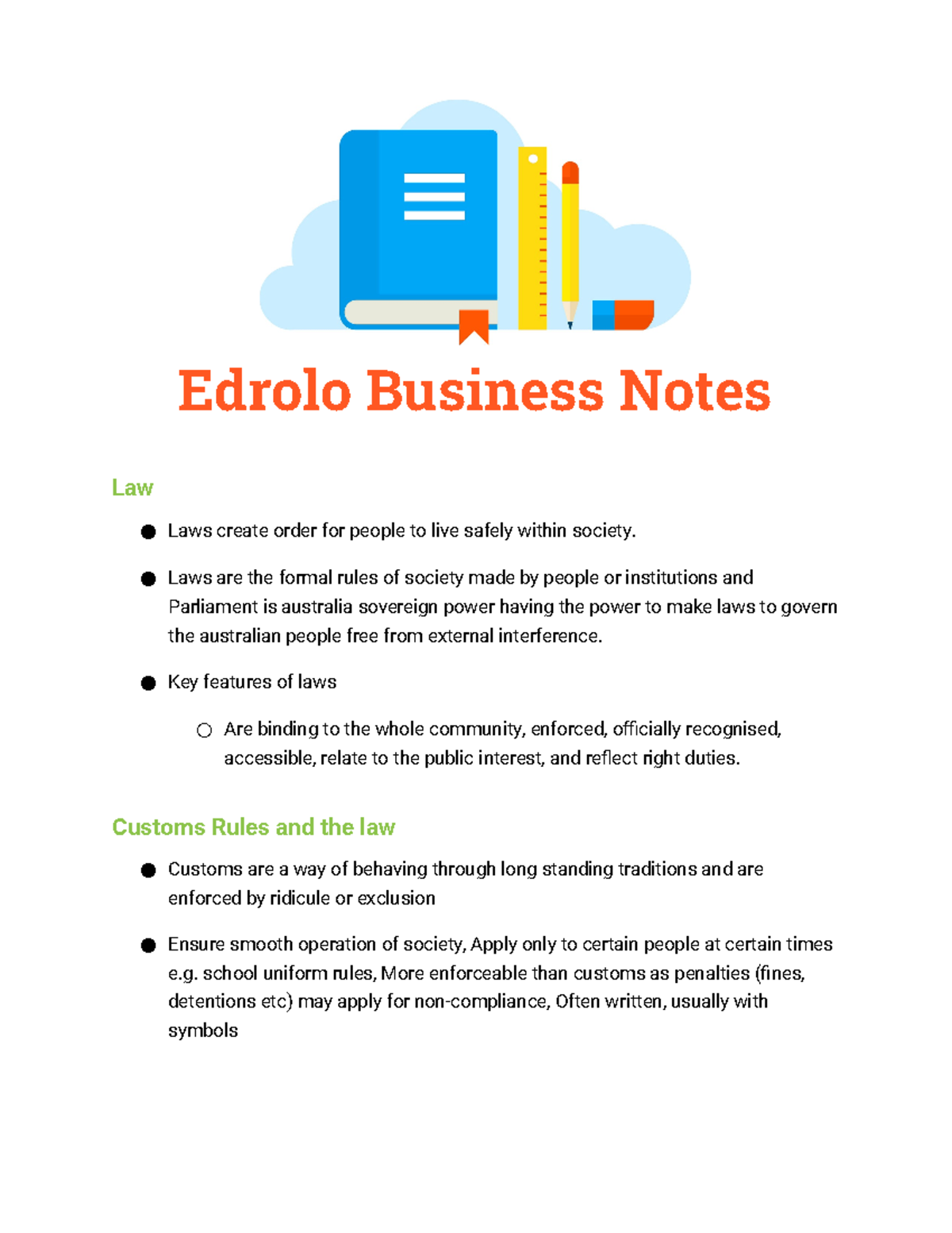 Prelim LS Edrolo Notes - Edrolo Business Notes Law Laws create order ...