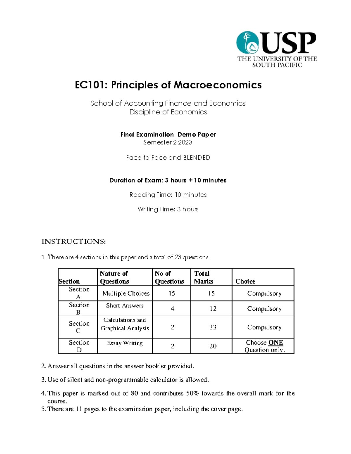 EC101 Final DEMO Paper - EC10 1 : Principles of Macroeconomics School ...