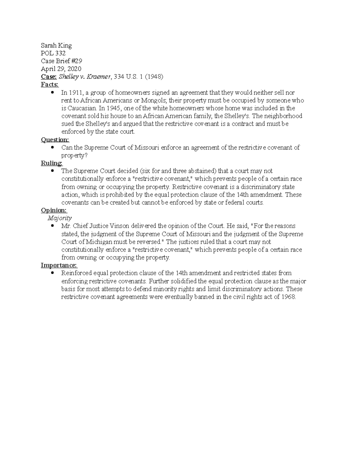 Briefs 29 and 30 - notes - Sarah King POL 332 Case Brief # April 29 ...