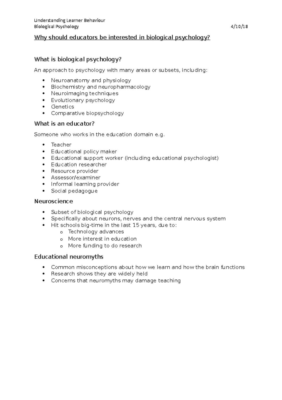 Biological psychology - Lecture 1 - Introduction - Understanding ...