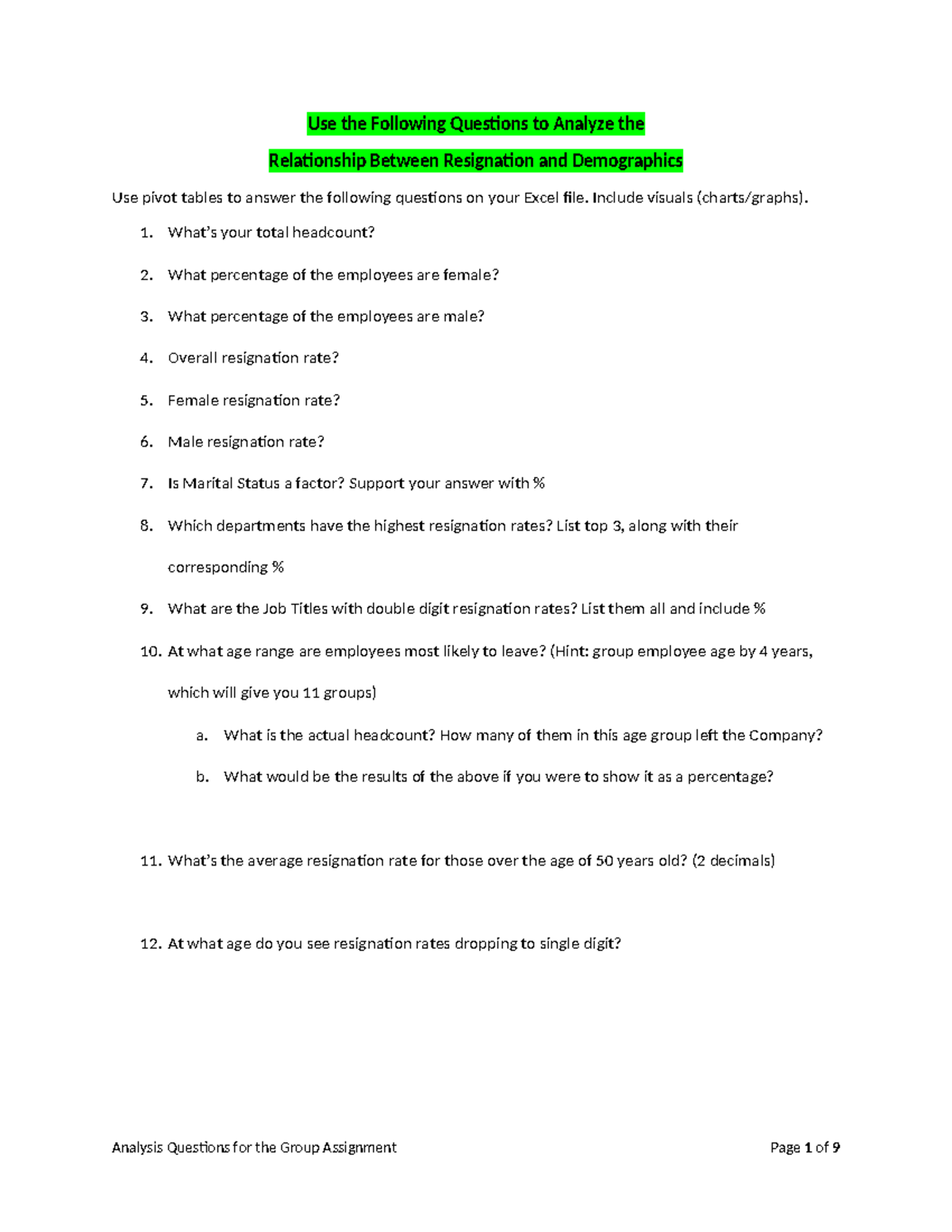 List of Questions to Solve Using Pivot Tables Group Assignment Data Analysis EE Resignation ...