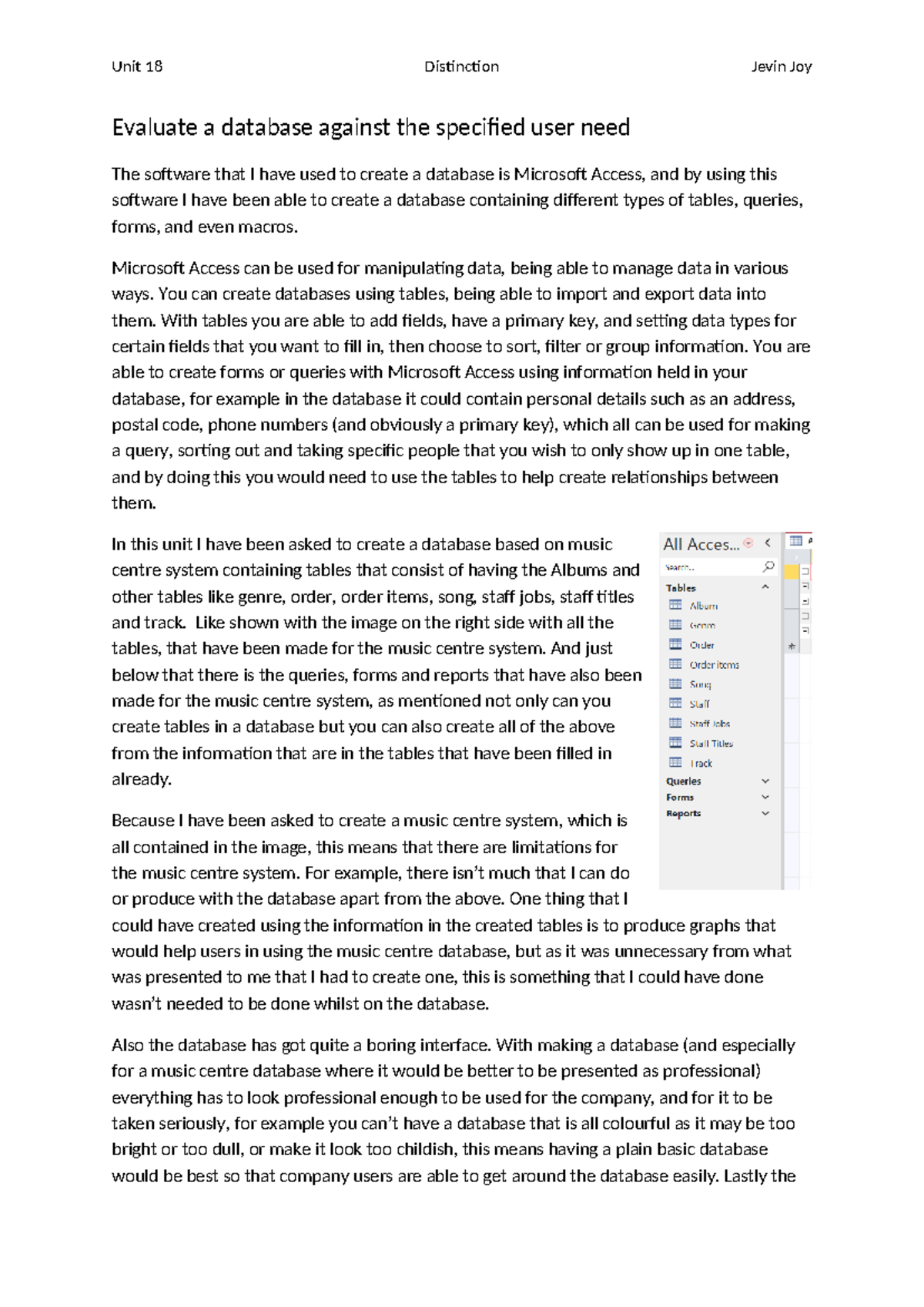 Unit 18 - evaluate a database against the specified user need - Unit 18 Distinction Jevin Joy ...