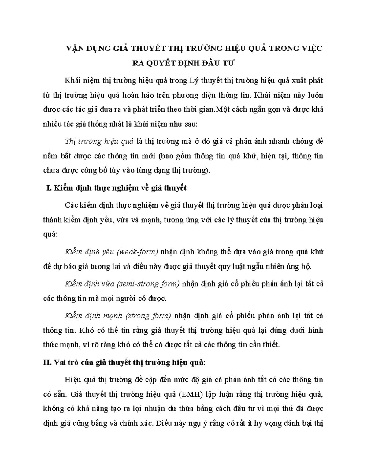 VẬN DỤNG GIẢ THUYẾT THỊ TRƯỜNG HIỆU QUẢ Trong VIỆC RA QUYẾT ĐỊNH ĐẦU TƯ ...