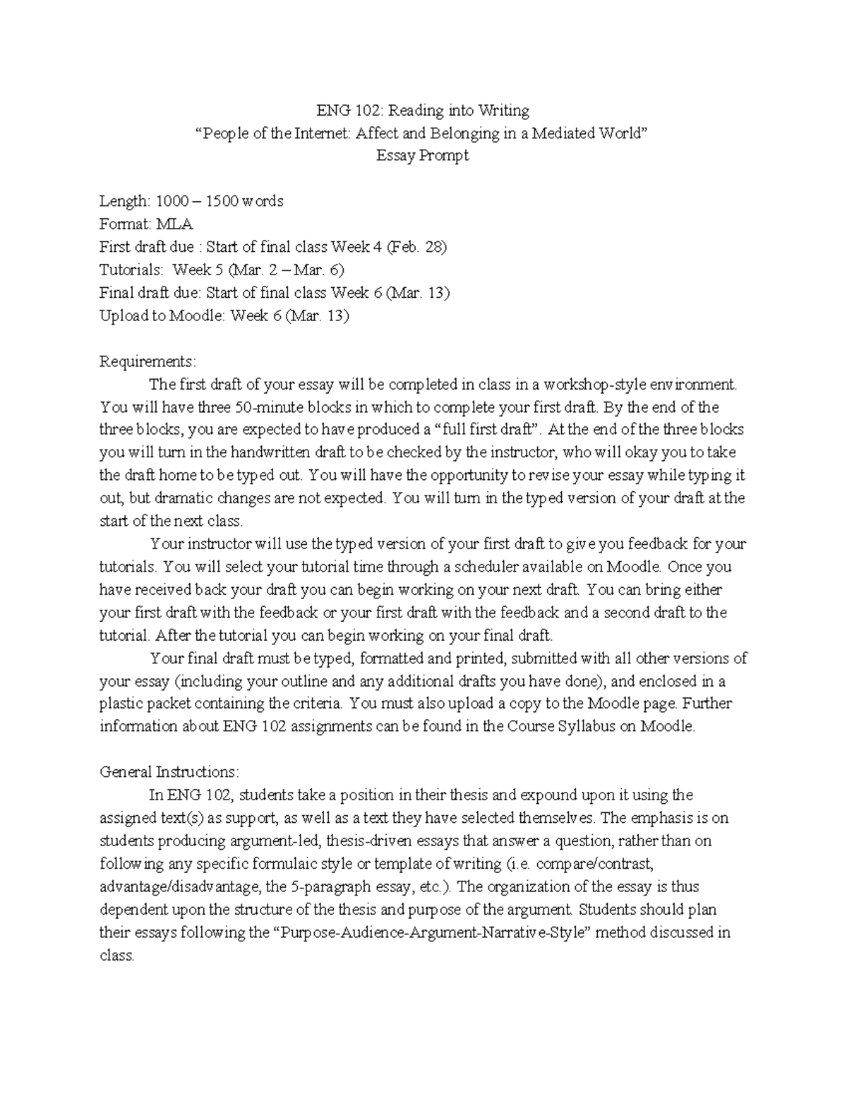 102 Essay Prompt - ENG 102: Reading into Writing “People of the ...
