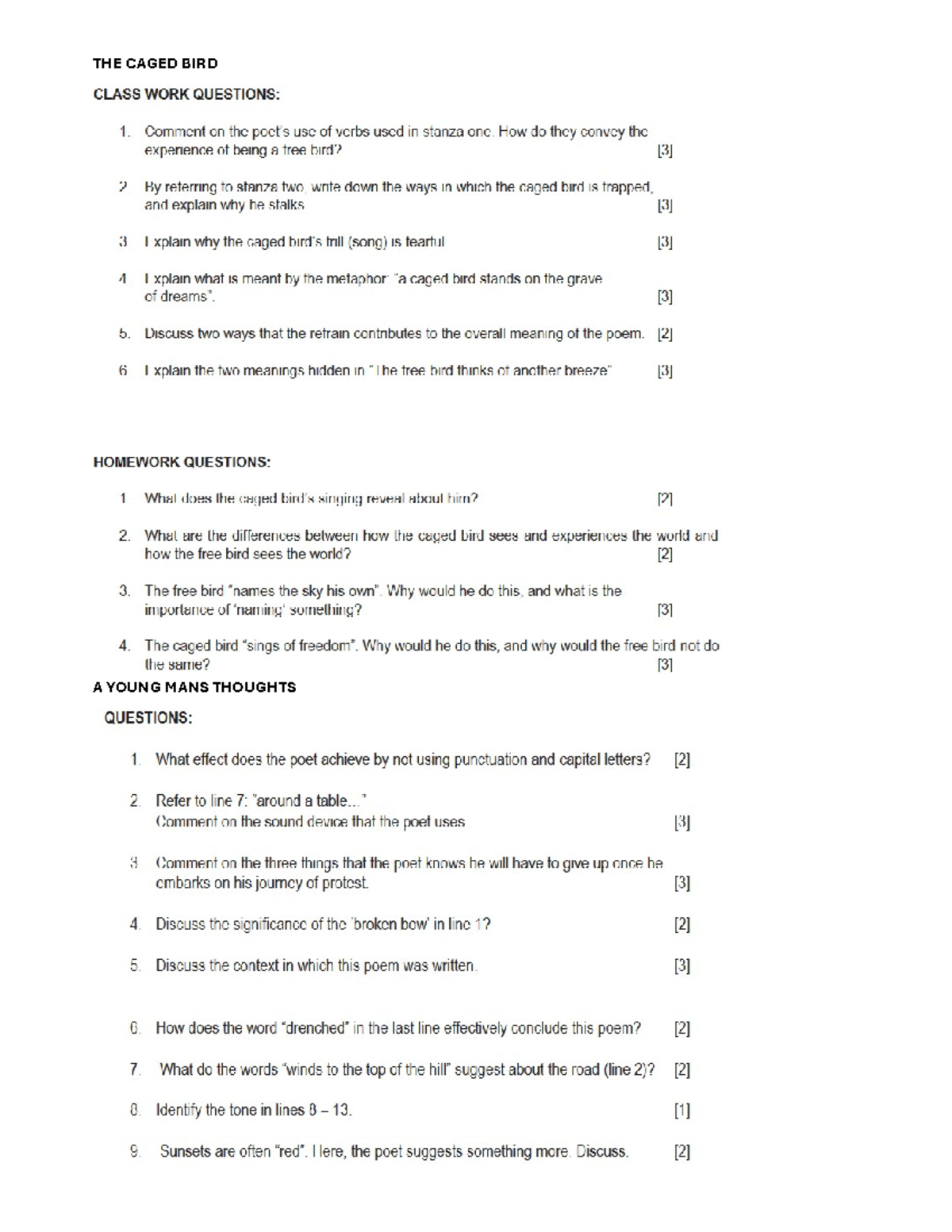 Poetry questions T1 - HJU - THE CAGED BIRD A YOUNG MANS THOUGHTS - Studocu