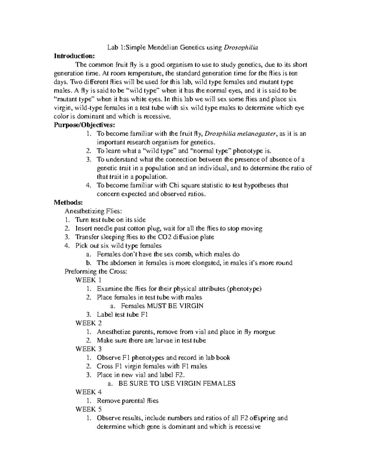 Lab 1 write up - Lab 1:Simple Mendelian Genetics using Drosophilia ...