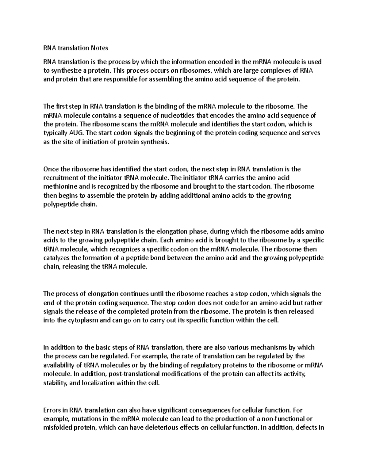 RNA translation Notes - This process occurs on ribosomes, which are ...