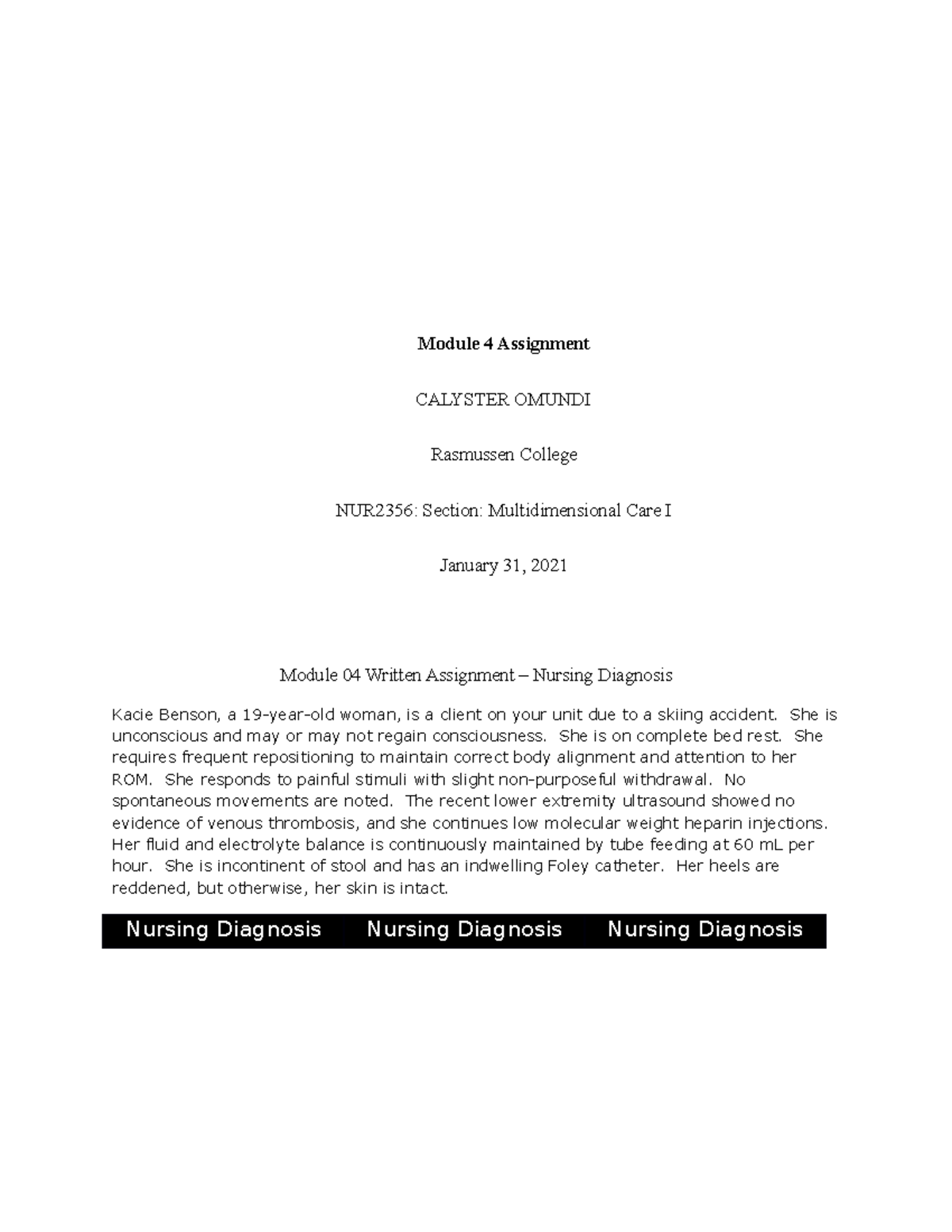 Mdc 1 module 4 assignment Final - Module 4 Assignment CALYSTER OMUNDI Rasmussen College NUR2356 ...
